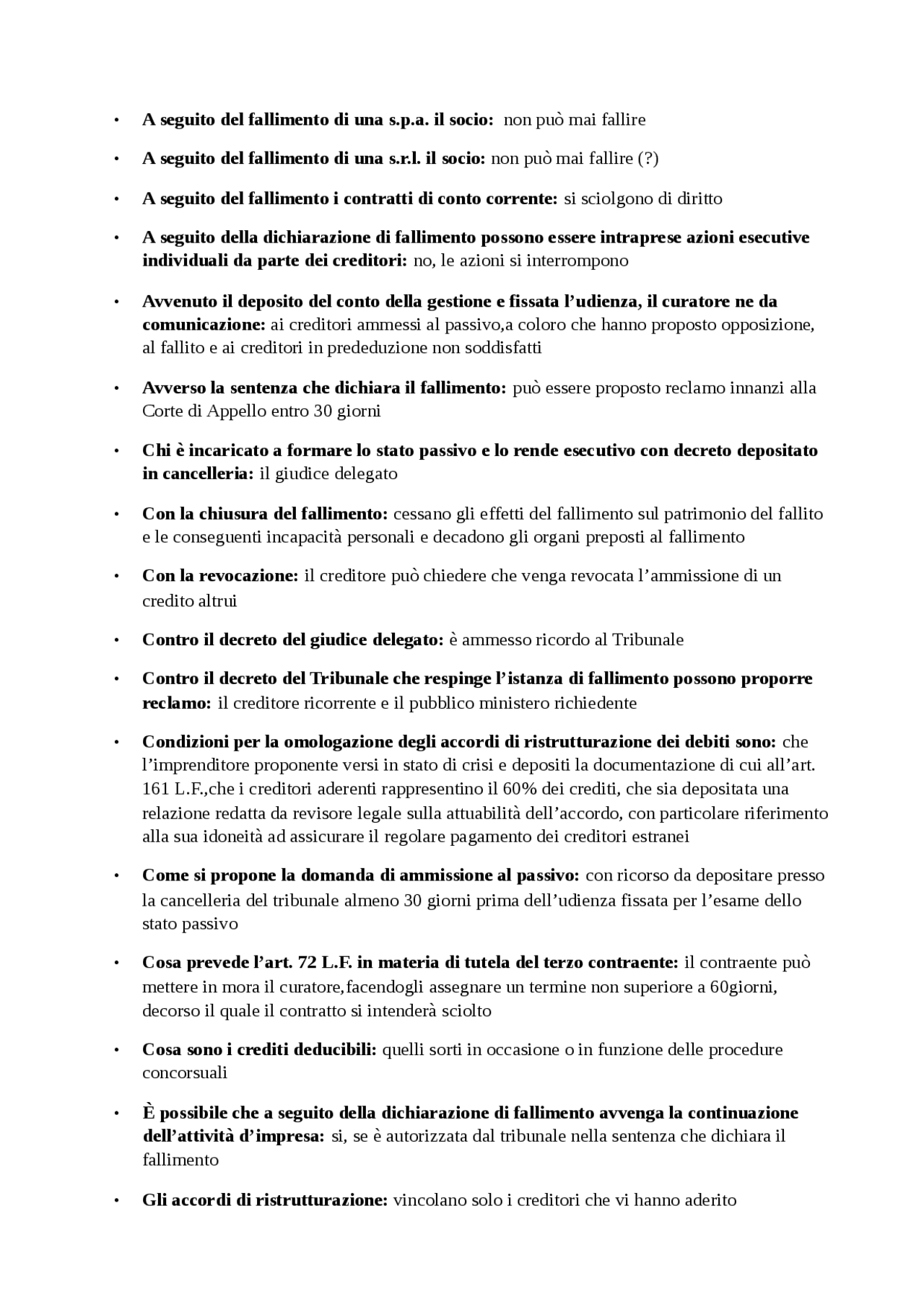 Diritto Fallimentare Quiz Az Pegaso Docsity
