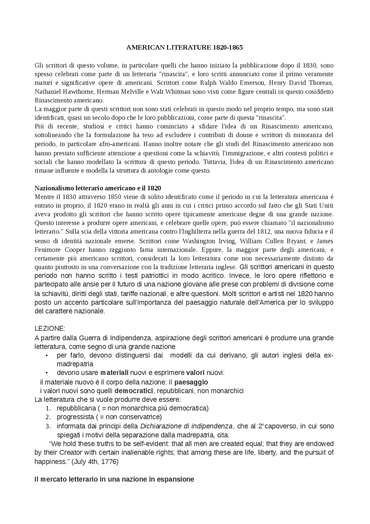 Letteratura Americana Docsity