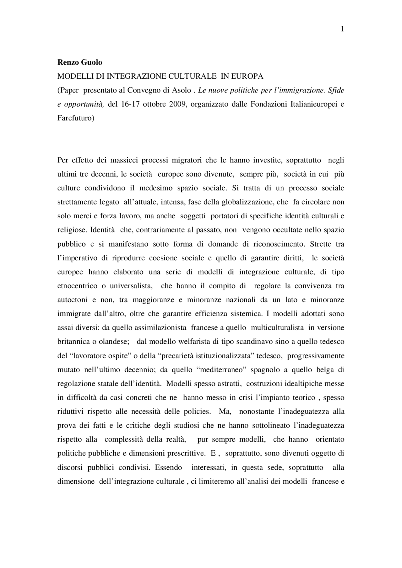 I modelli di integrazione culturale in ue - Docsity