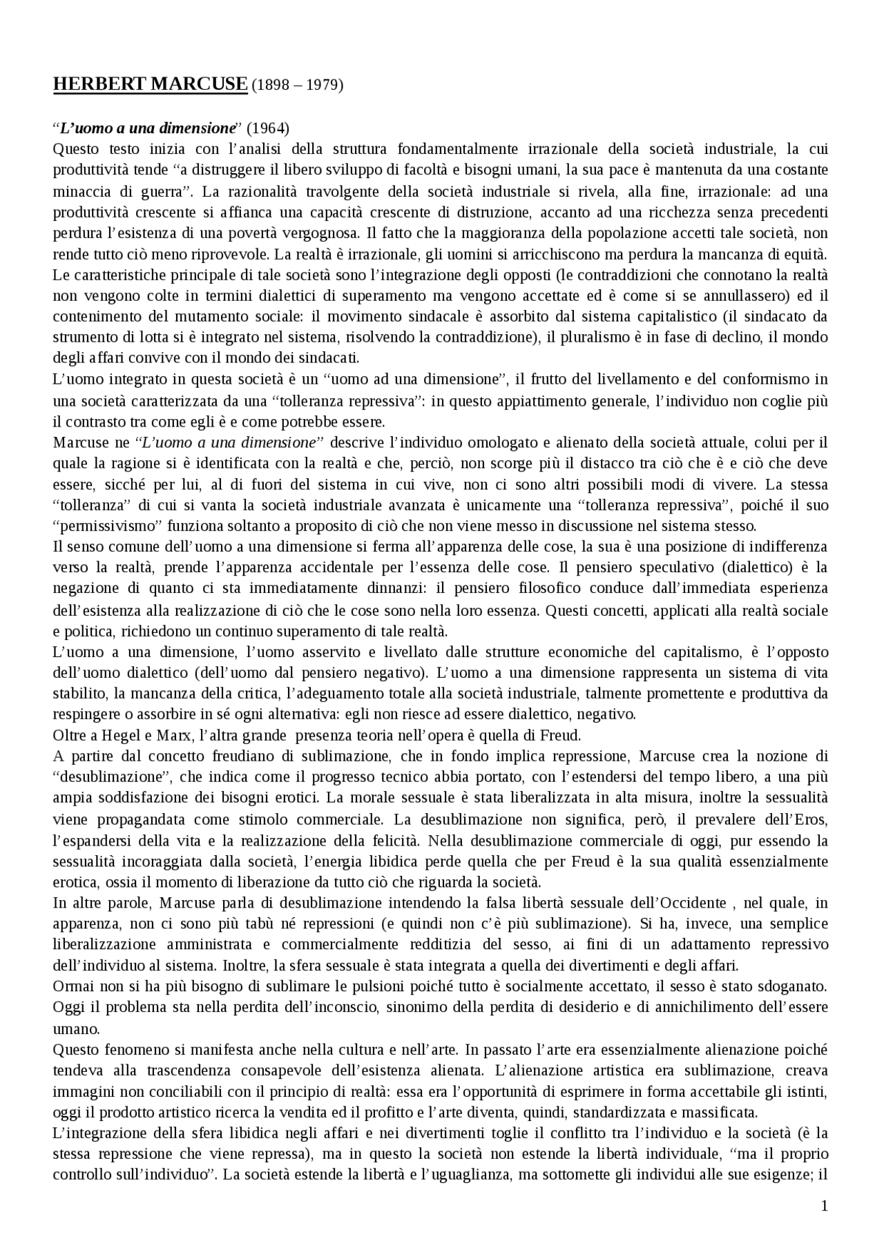 Appunti Sul Filosofo Marcuse Docsity