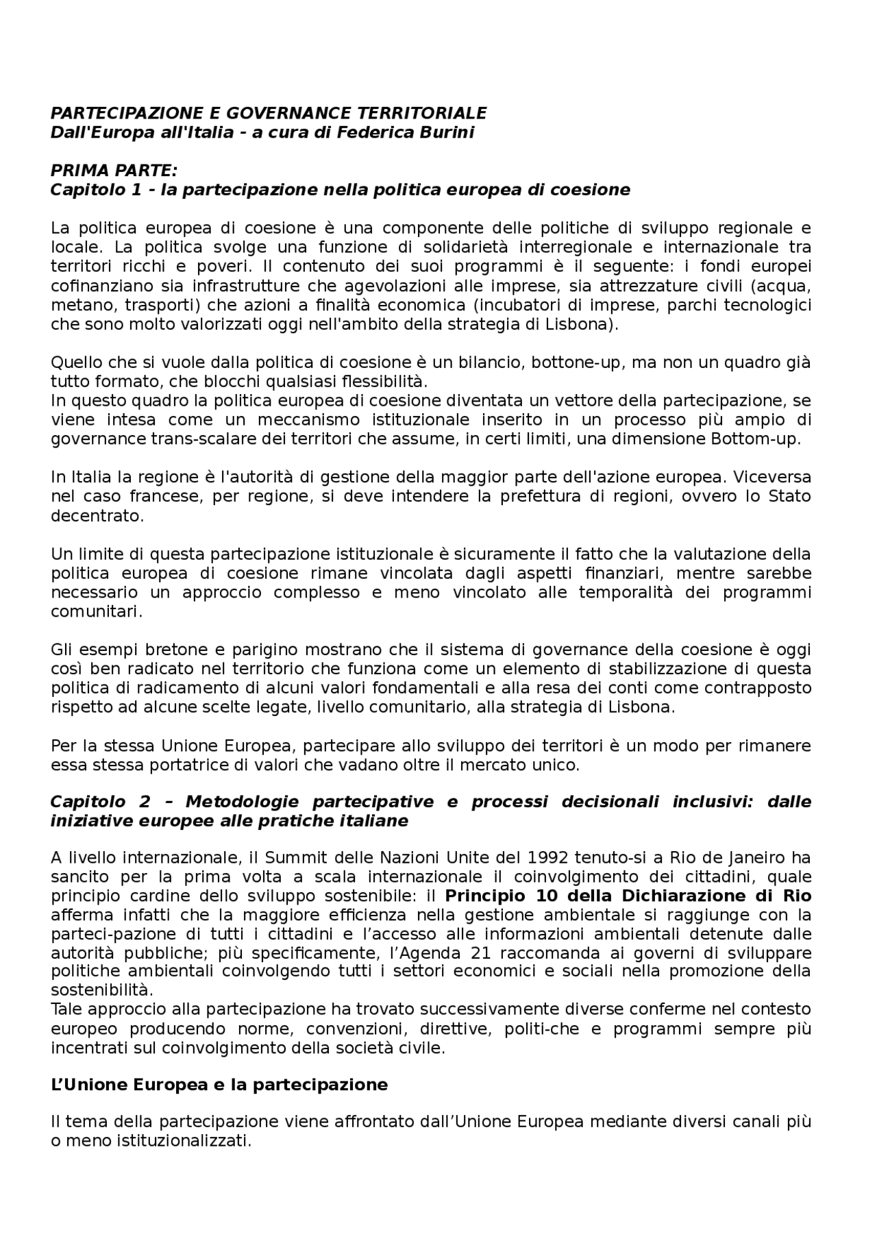 Riassunto Di Partecipazione E Governance Territoriale Docsity