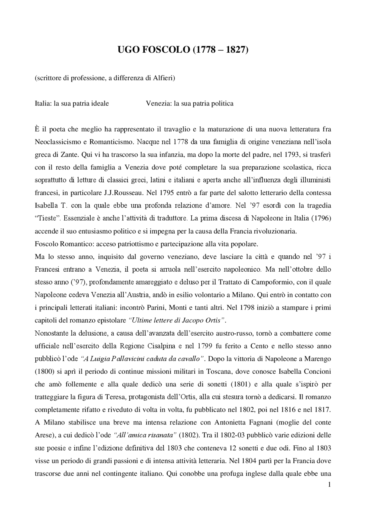 Foscolo La Vita E Le Opere Docsity