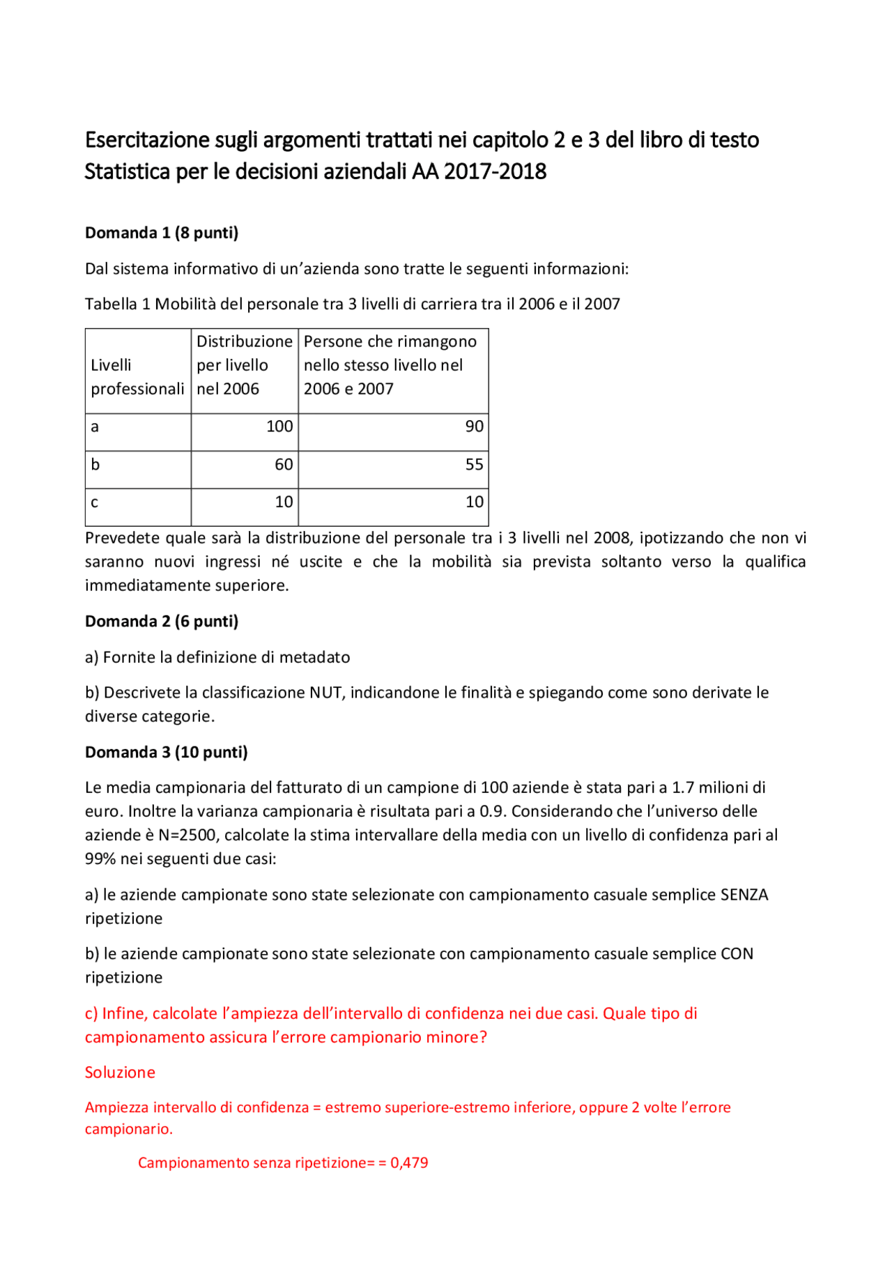 Esercitazione Svolta Di Statistica Aziendale Docsity