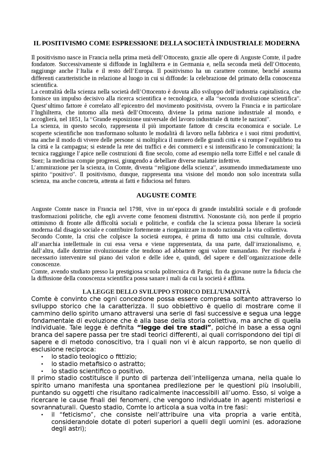 Comte E Il Positivismo Docsity