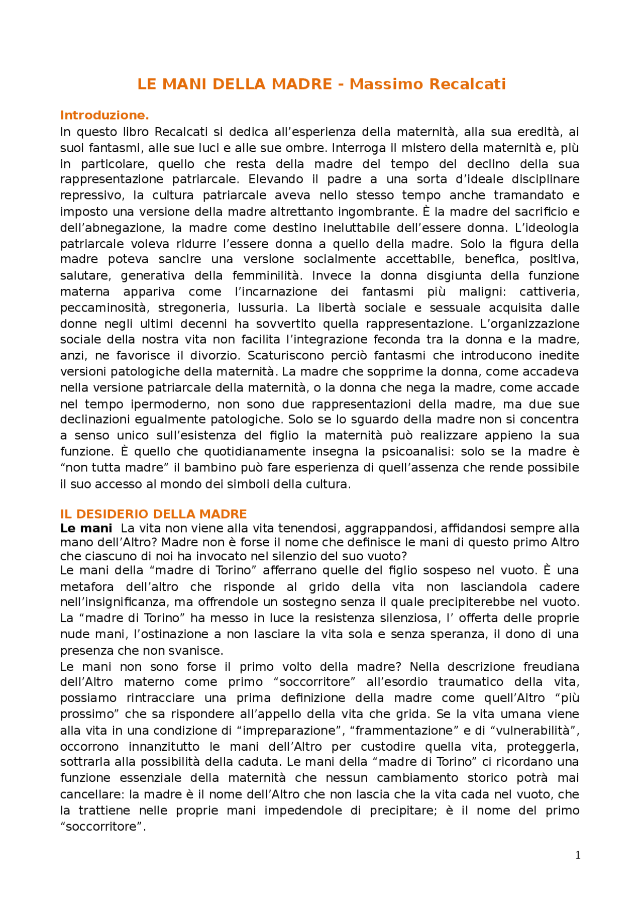 Le Mani Della Madre Recalcati Docsity