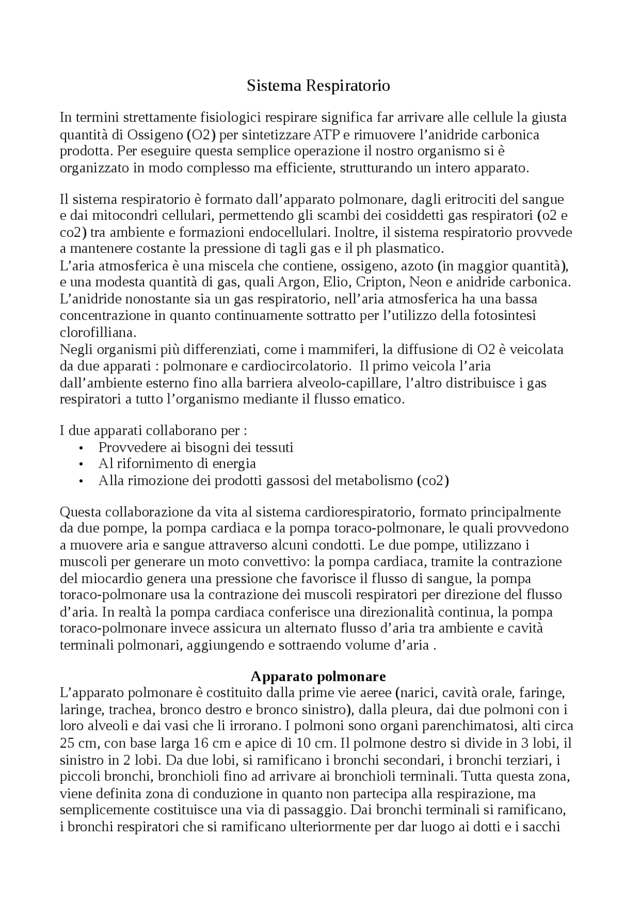 Riassunto Sistema Respiratorio Docsity