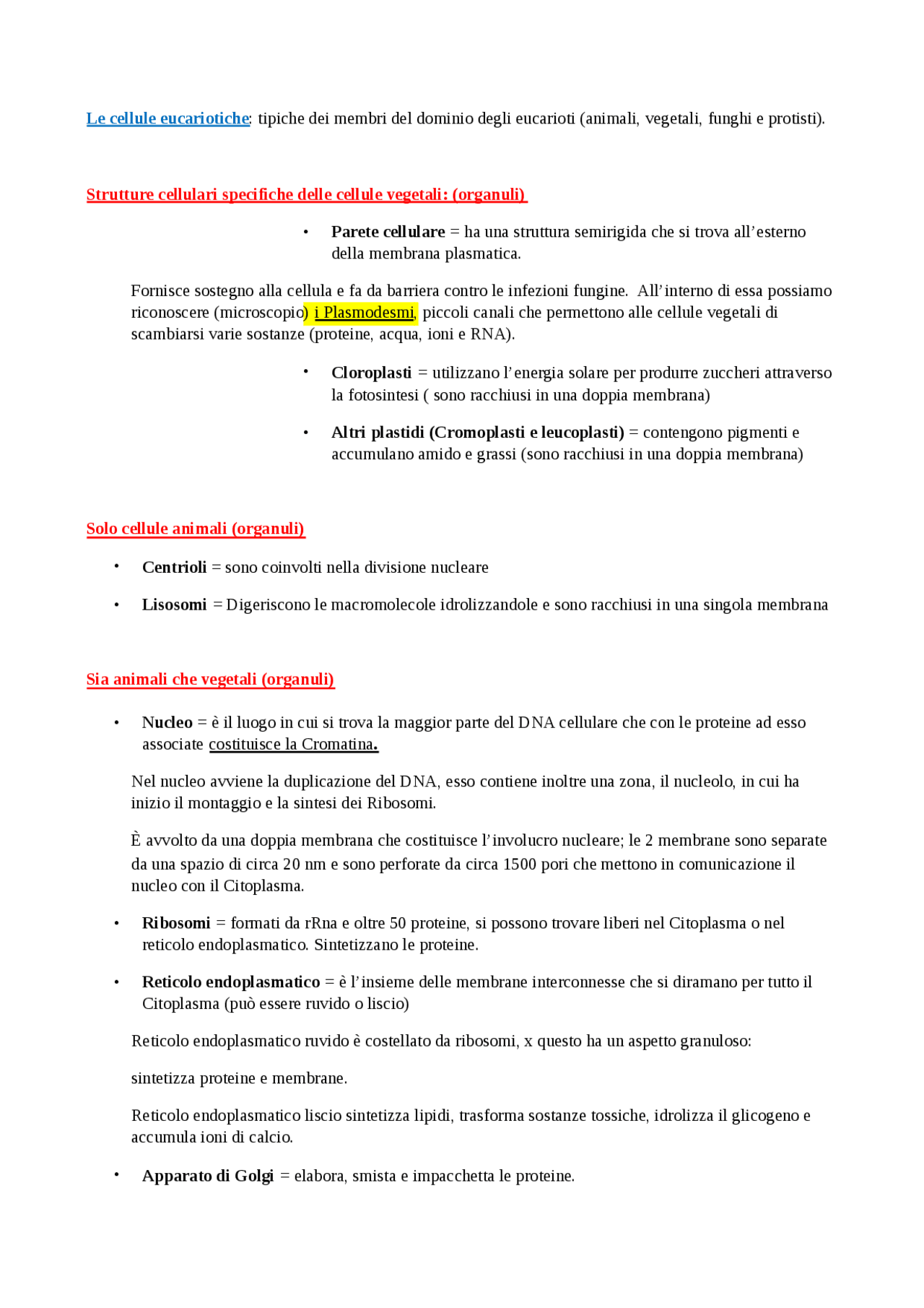 Le Cellule Eucariotiche Docsity