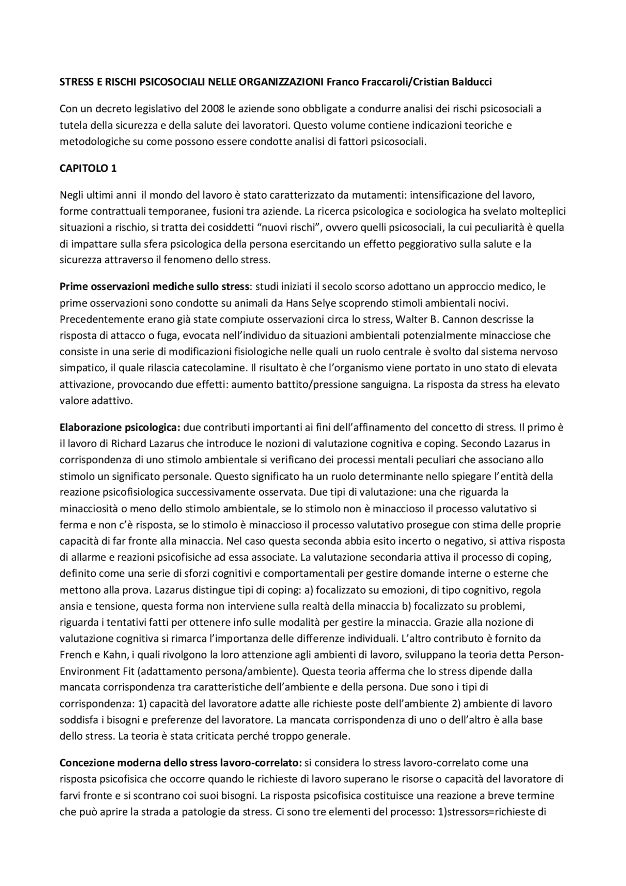 Stress e rischi psicosociali - Fraccaroli, Balducci - Docsity