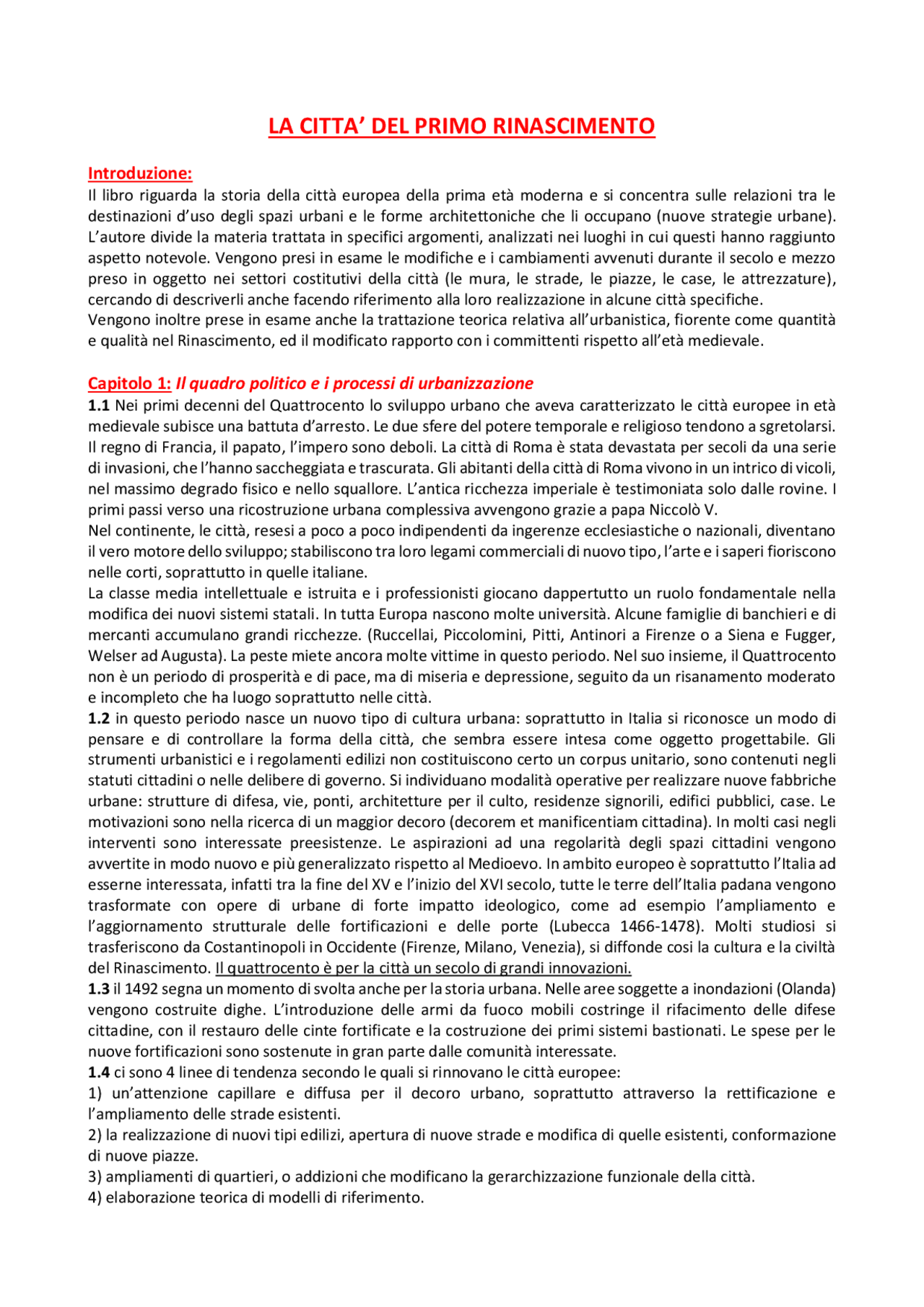 Riassunto La città del primo rinascimento, Donatella Calabi 2001 - Docsity