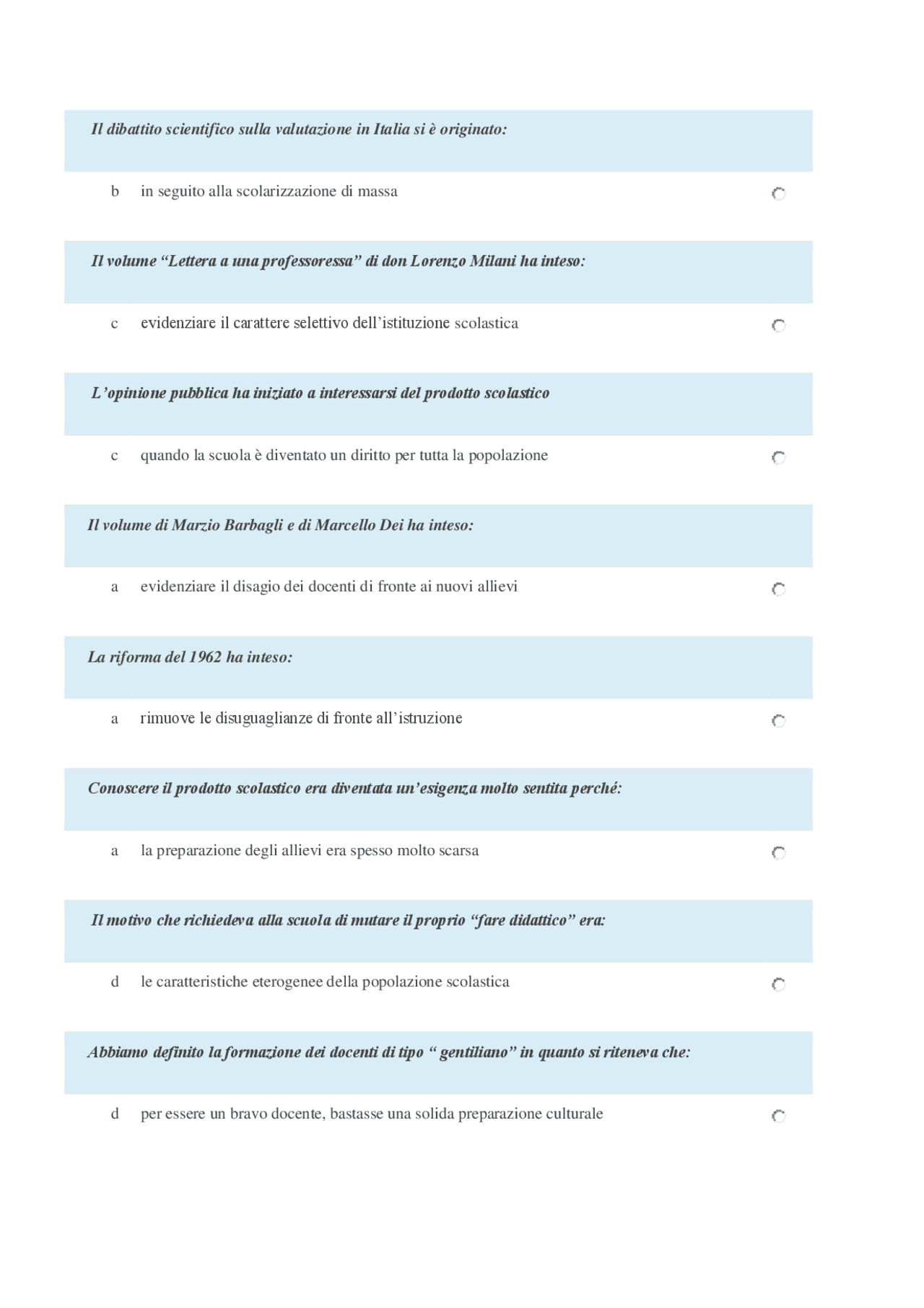 Test Autovalutazione Docimologia Docsity