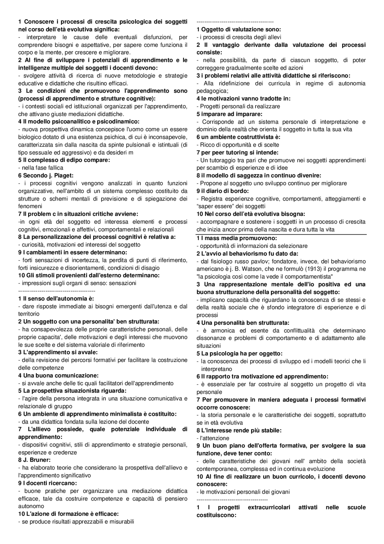 Test Di Autovalutazione Di Psicologia Domande E Risposte Docsity