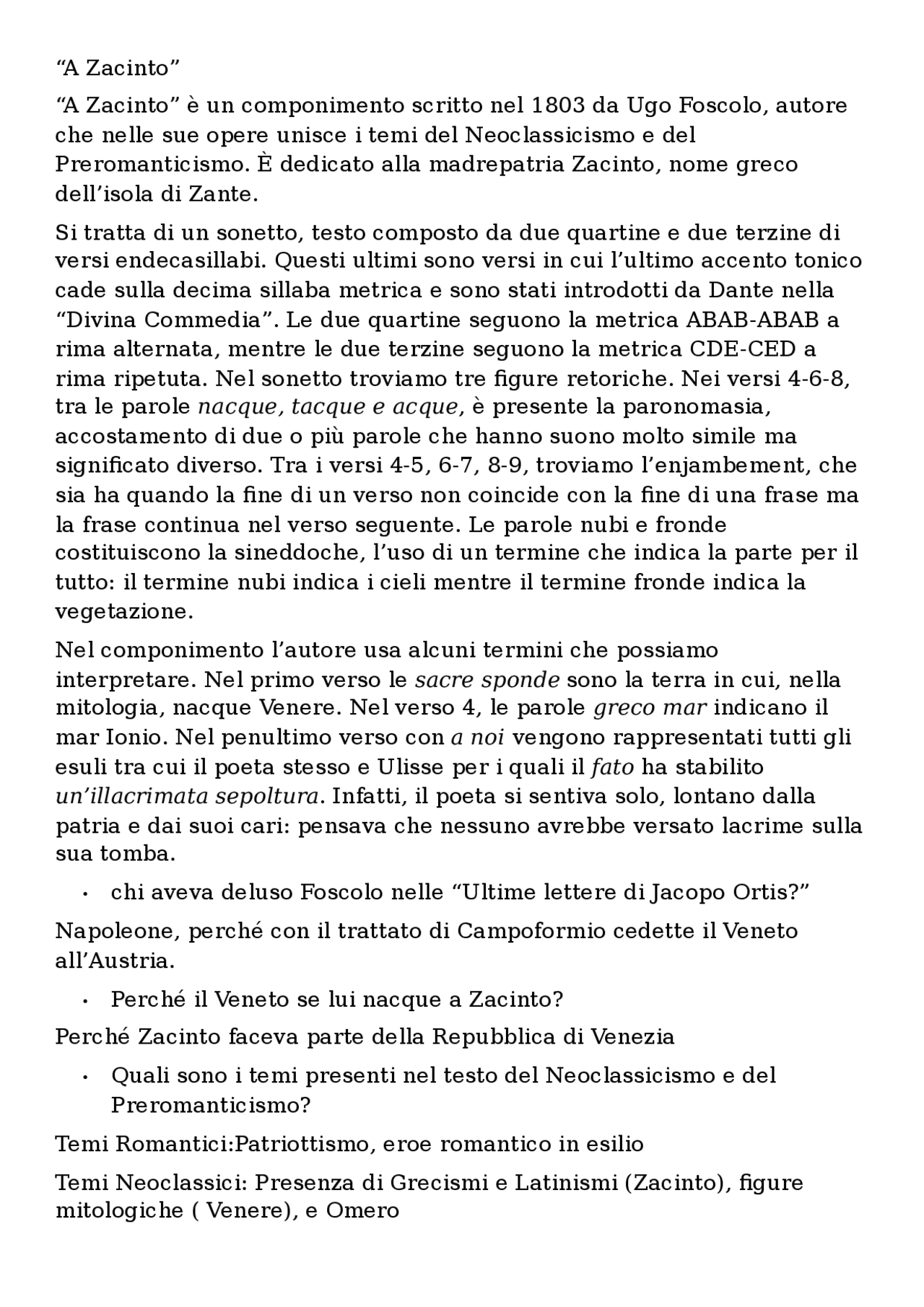 A Zacinto Di Ugo Foscolo Docsity