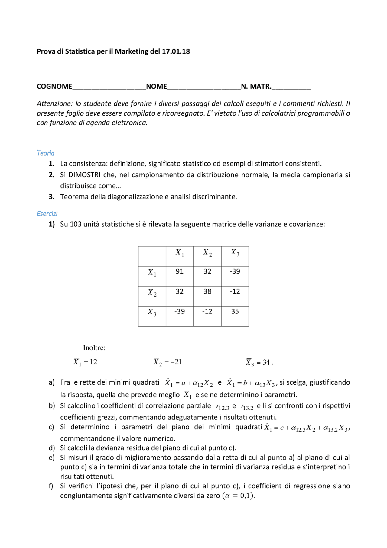 Temi d'esame Statistica per il Marketing Prof. Zini - Docsity