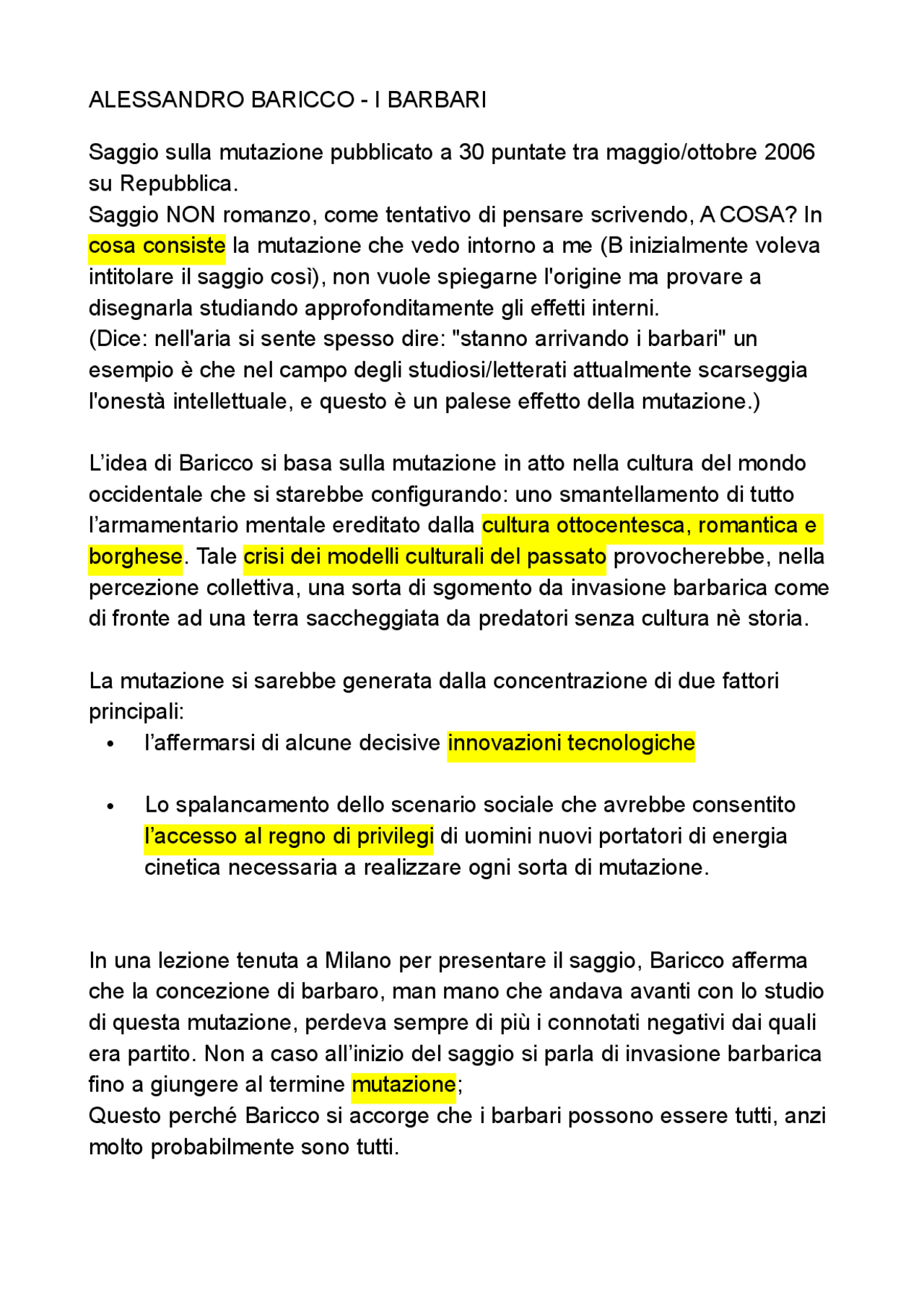I Barbari Alessandro Baricco Docsity