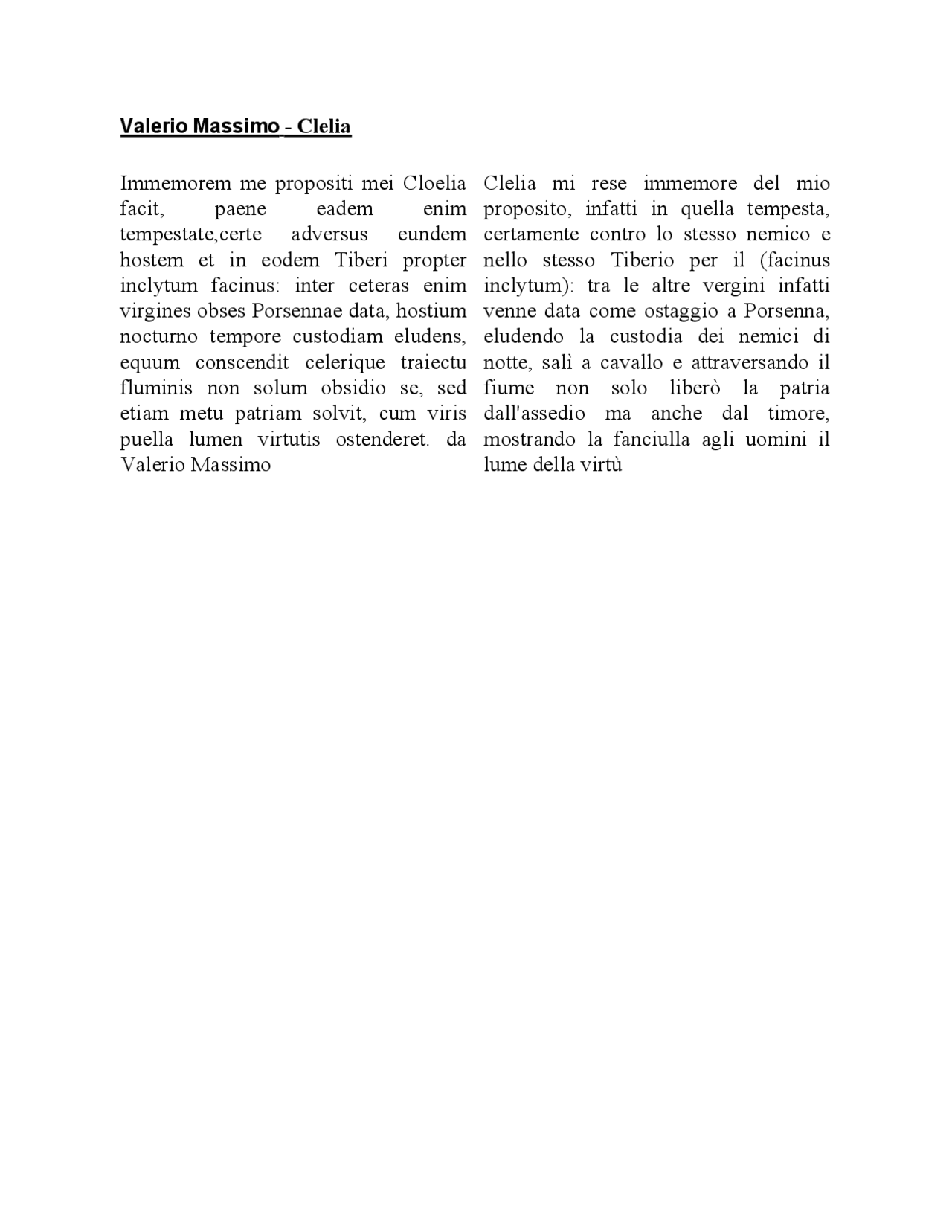 Clelia Valerio Massimo Versioni Di Latino Docsity