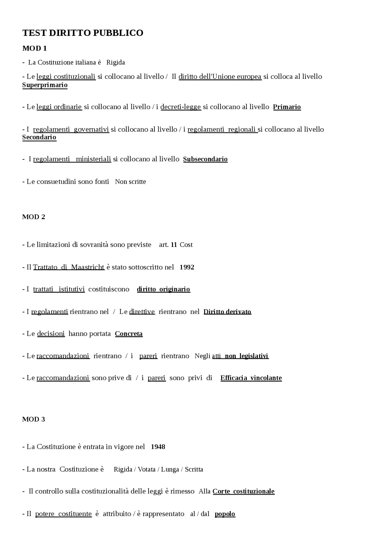 Istituzioni di diritto pubblico pegaso | Prove d'esame di Istituzioni di Diritto Pubblico | Docsity