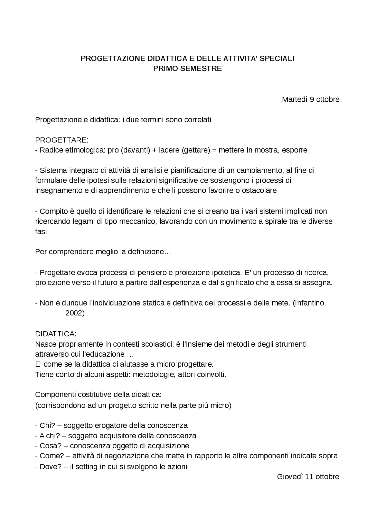 Appunti Progettazione Didattica E Delle Attività Speciali Docsity