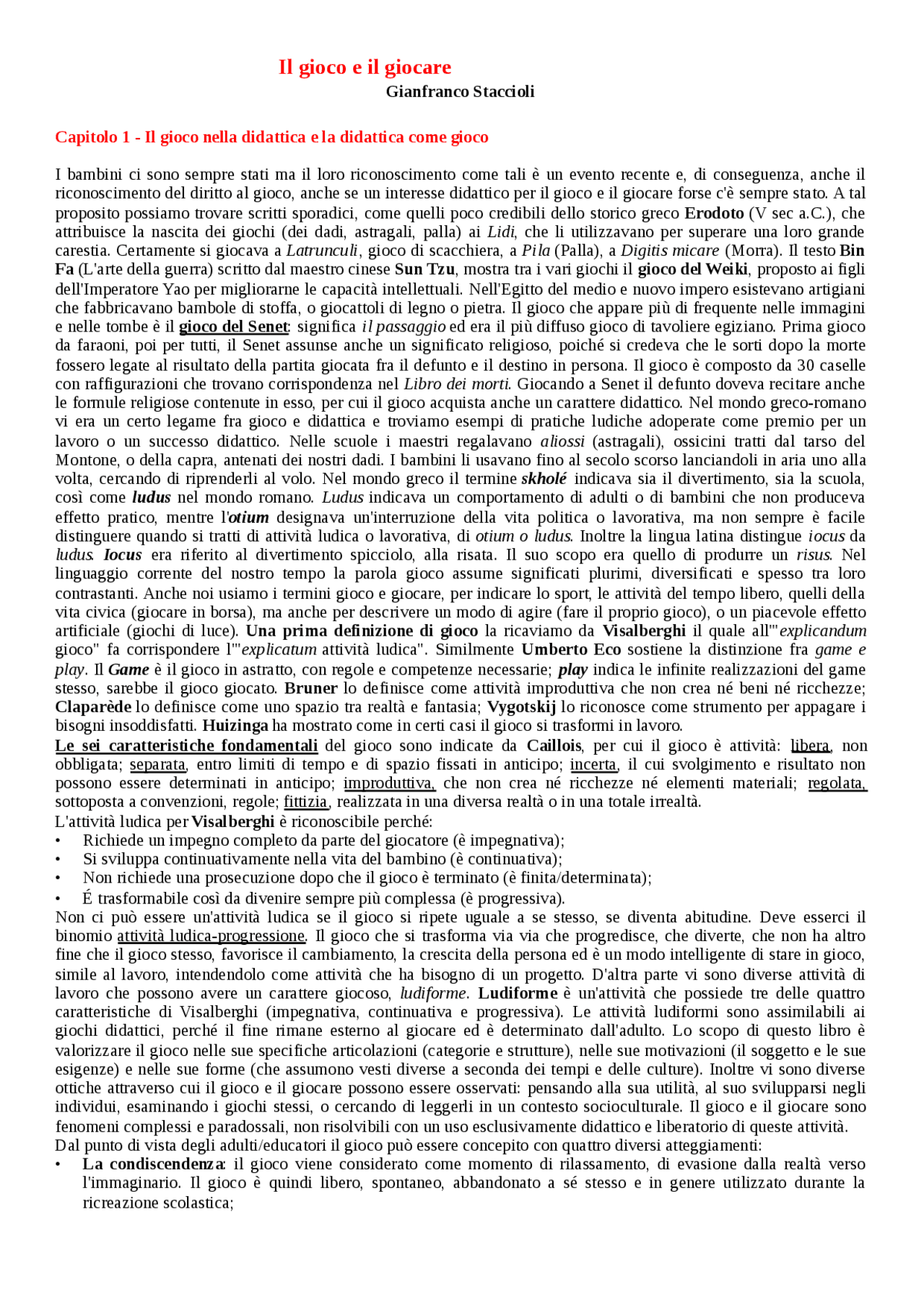 Il Gioco E Il Giocare G Staccioli Docsity