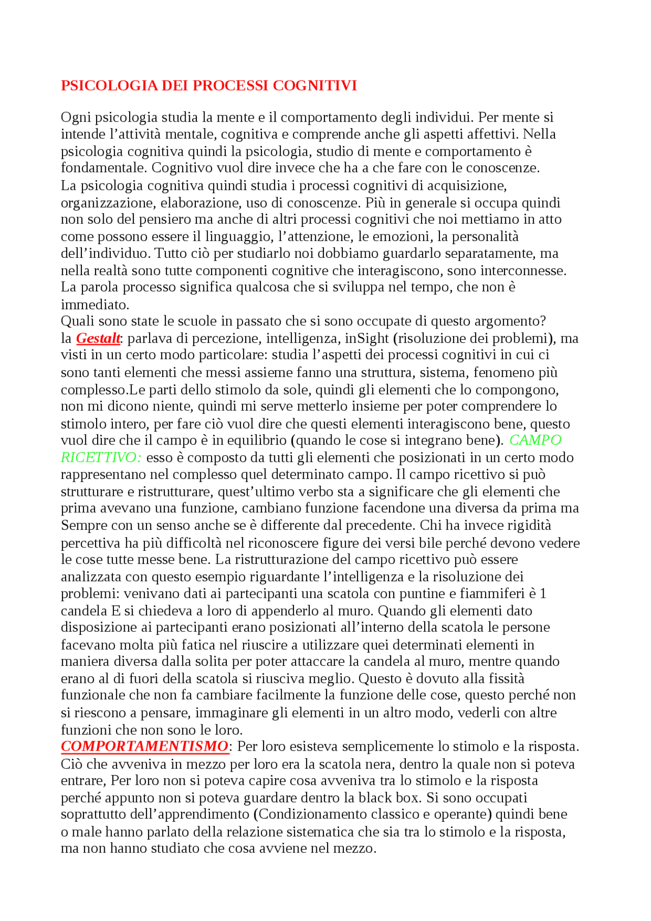 Psicologia Dei Processi Cognitivi Docsity