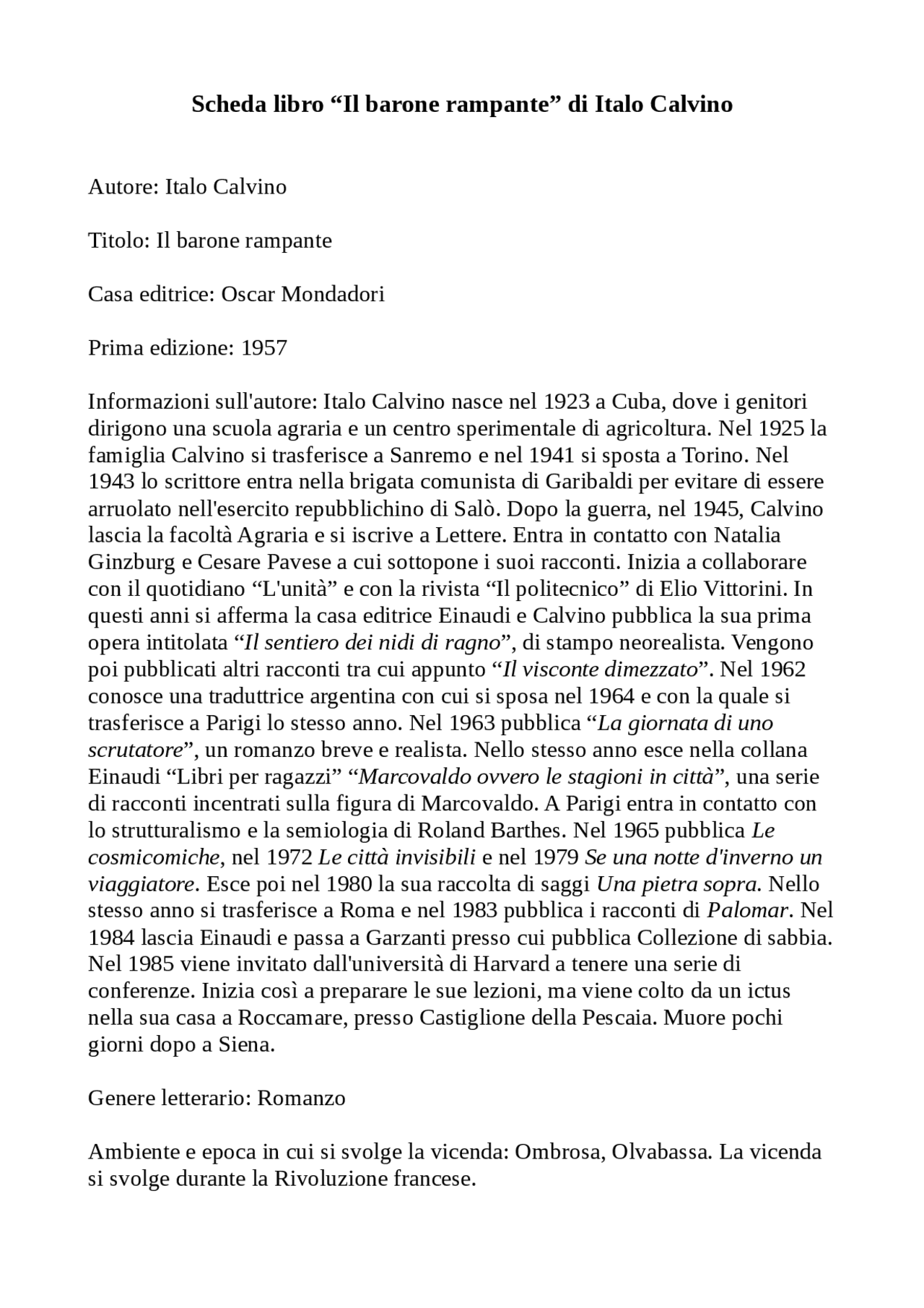 Scheda Libro Il Barone Rampante Docsity