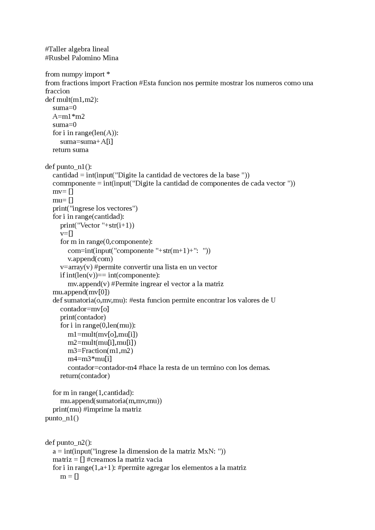 algebra lineal codigos en python | Esercizi di Algebra | Docsity