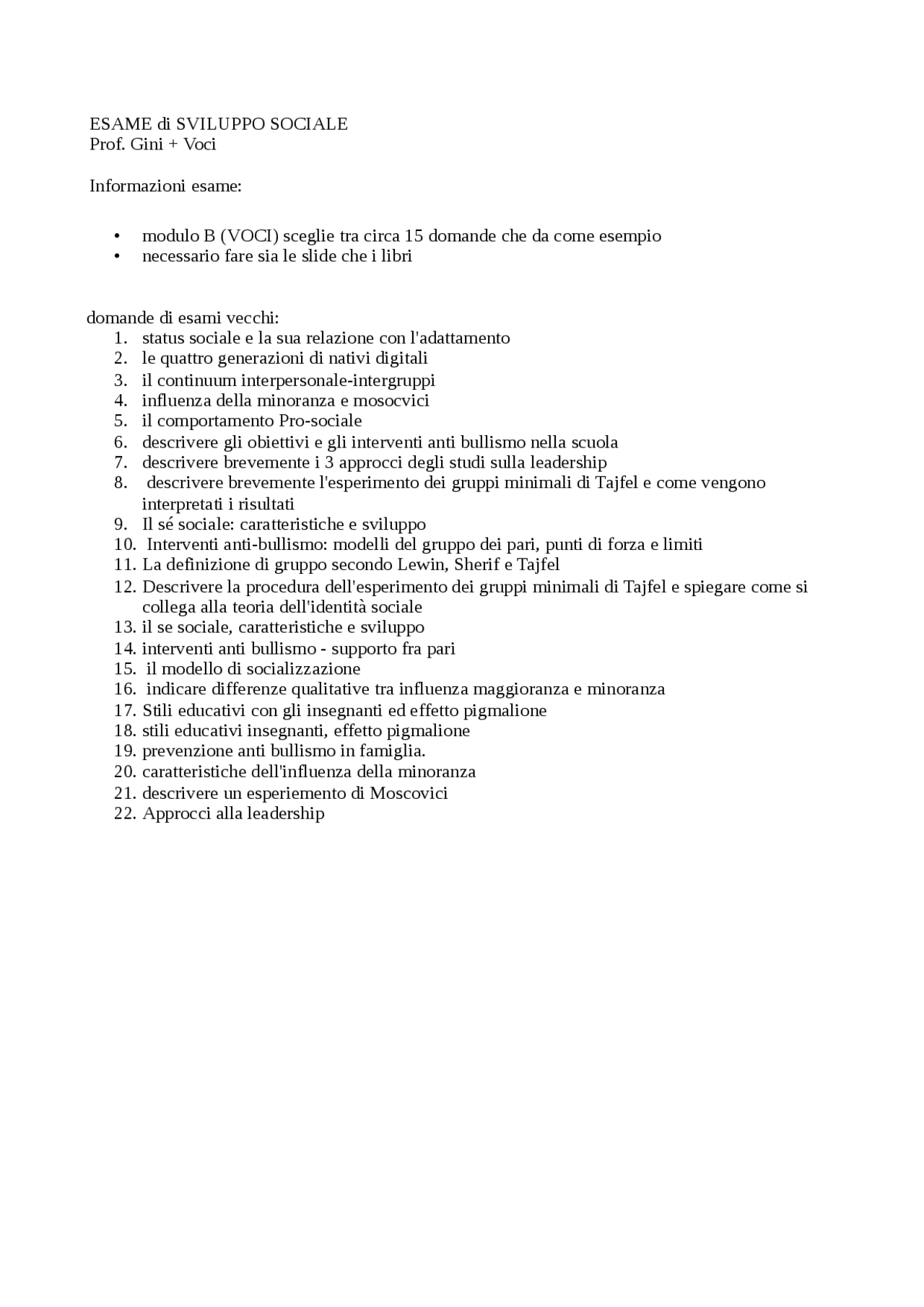 Esame Di Sviluppo Sociale Prof Gini E Voci Docsity