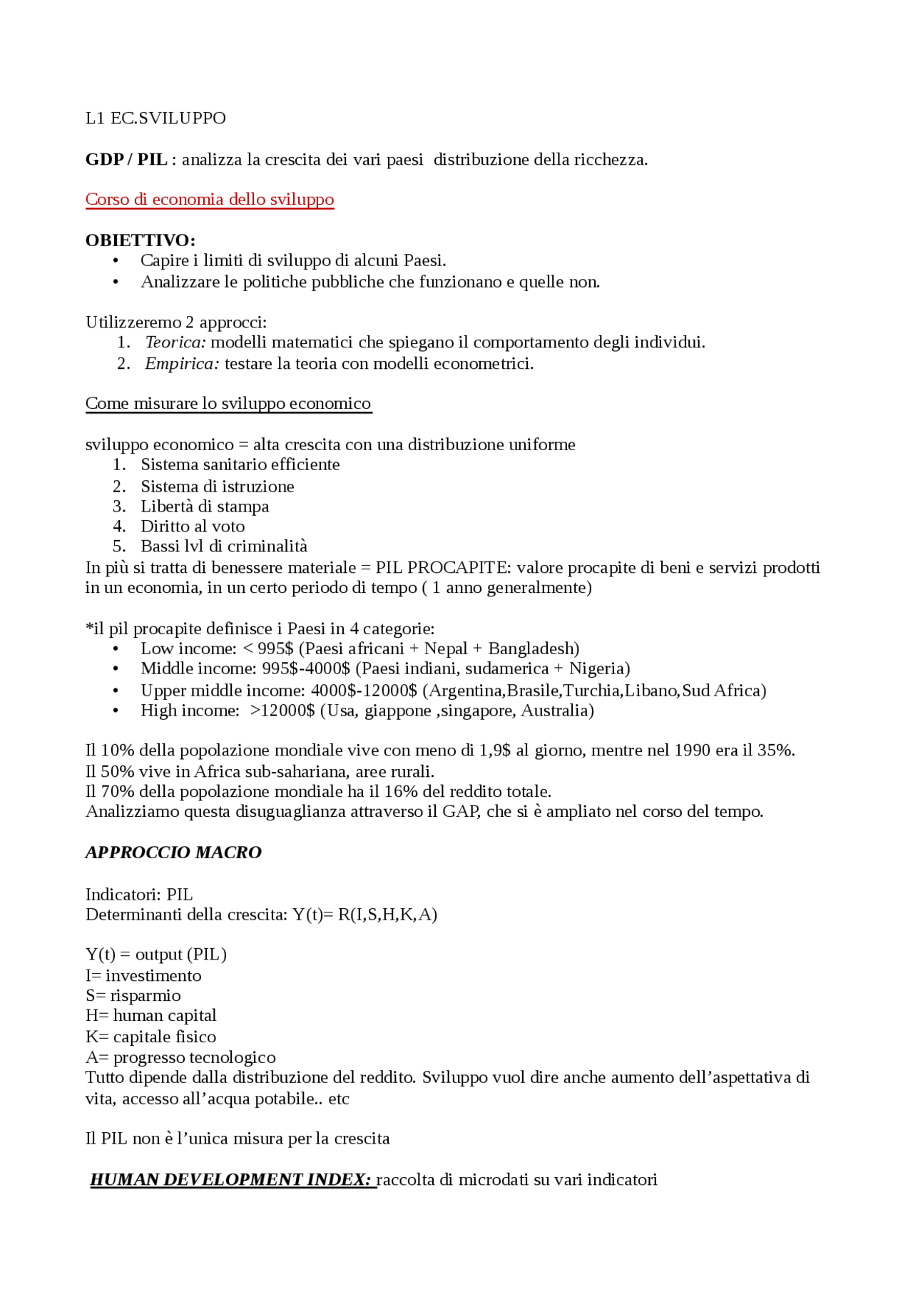 Economia Dello Sviluppo Docsity