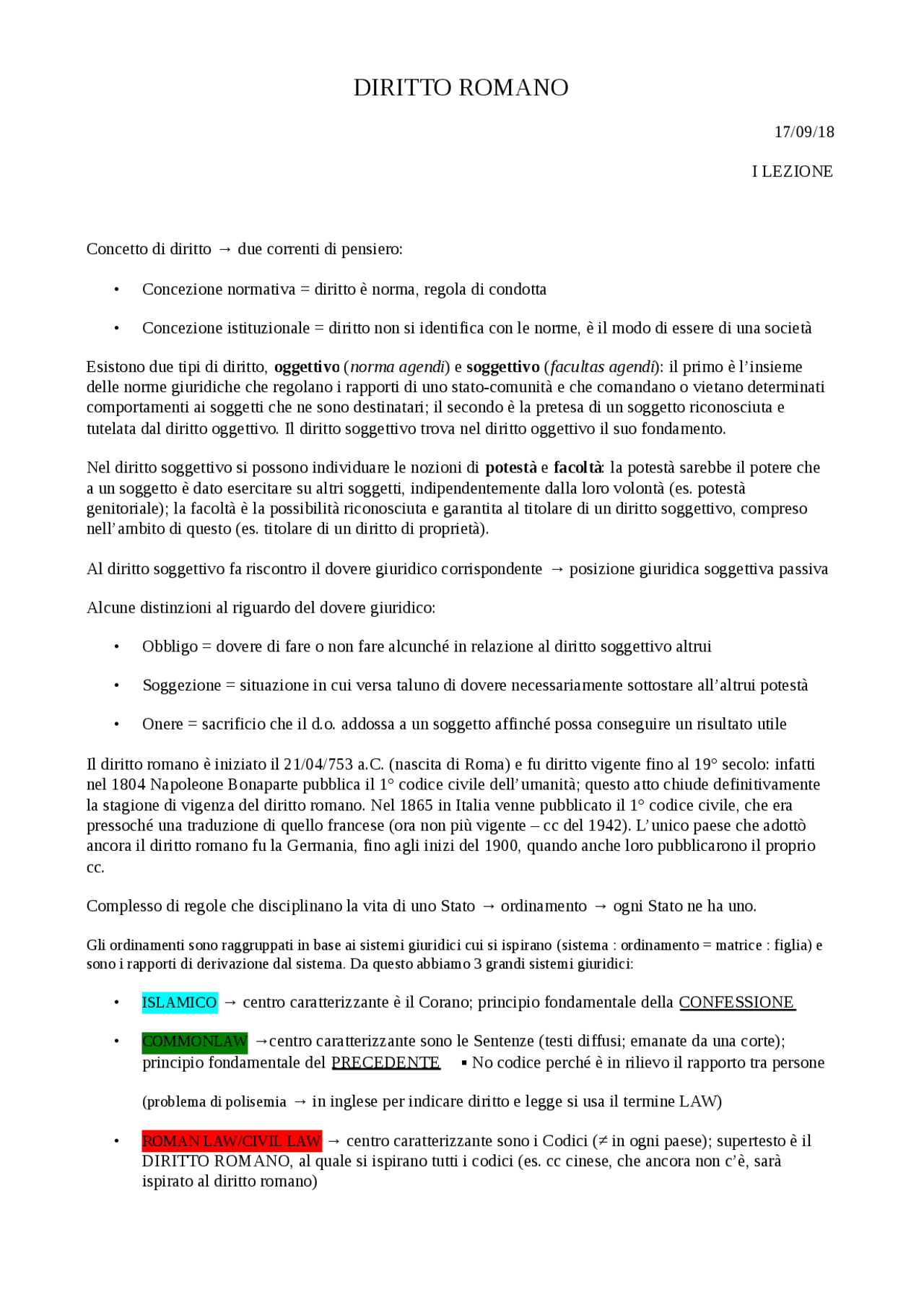 Prima Lezione Diritto Romano Docsity