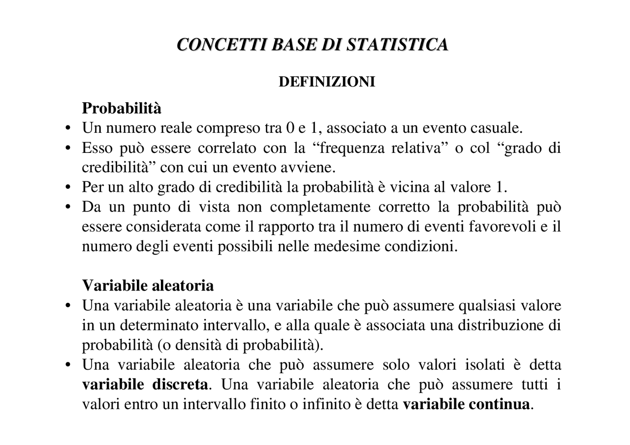 Concetti base ed elementari di statistica | Appunti di Statistica | Docsity