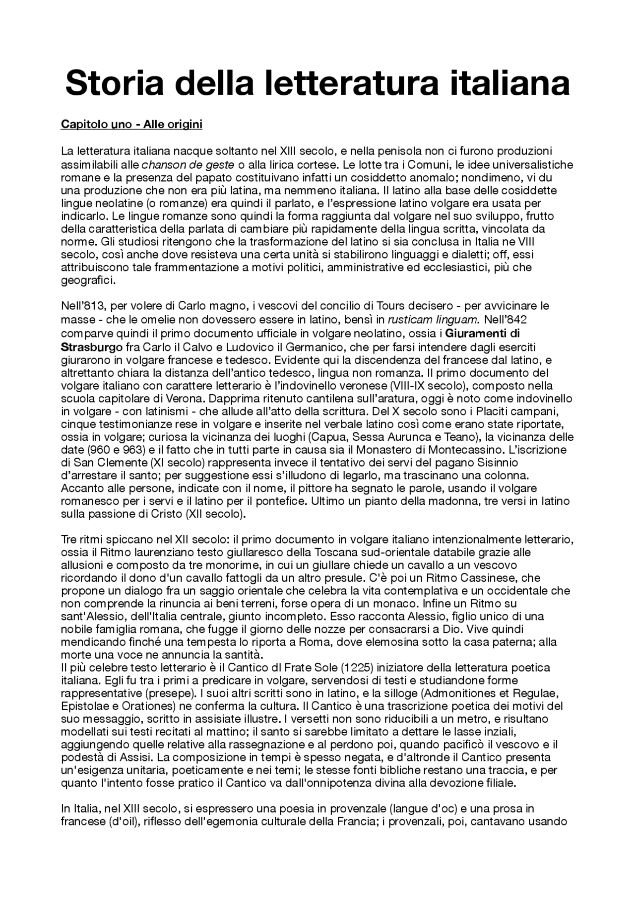 Storia della letteratura italiana - Docsity