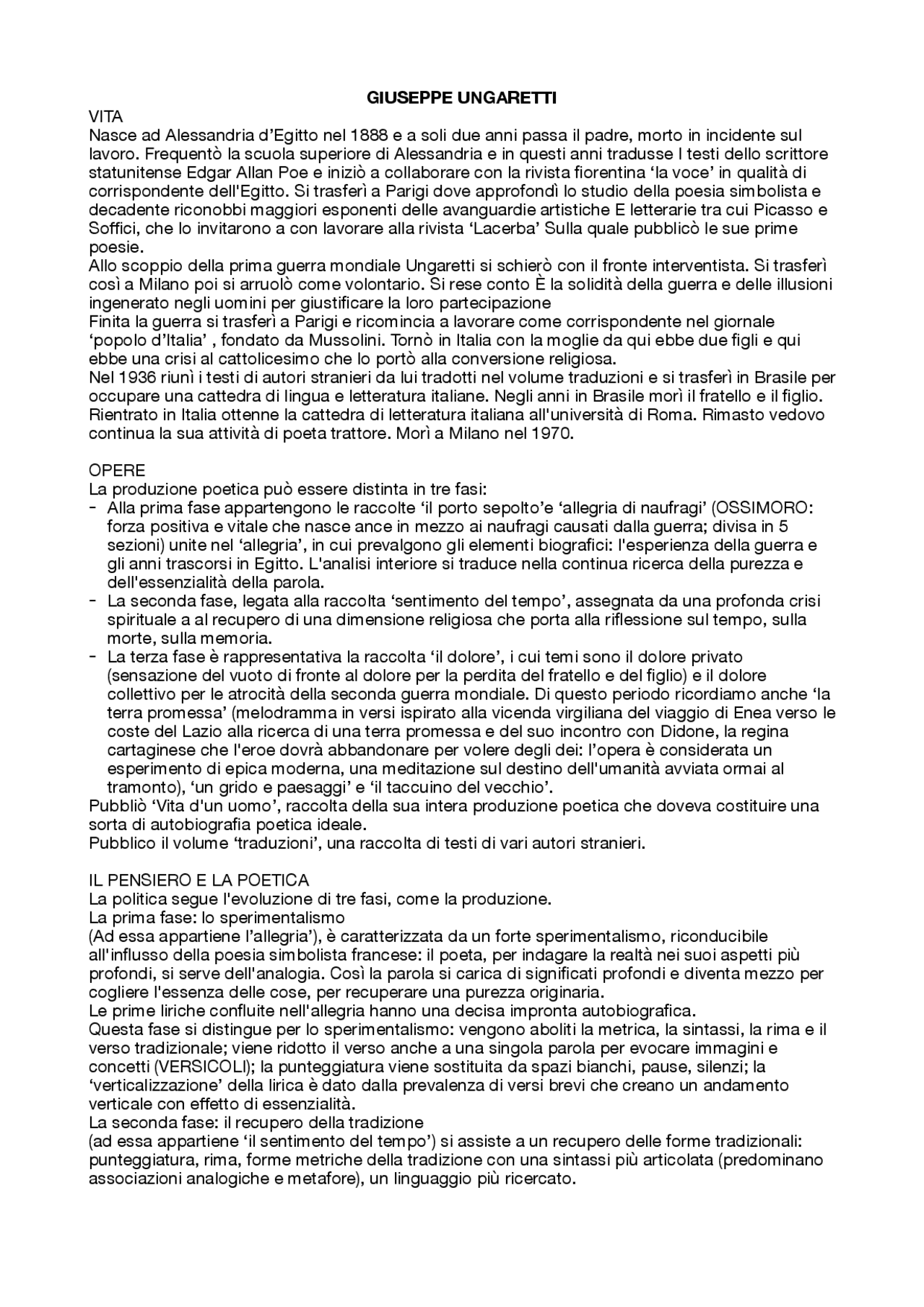 Ungaretti Vita E Opere Docsity