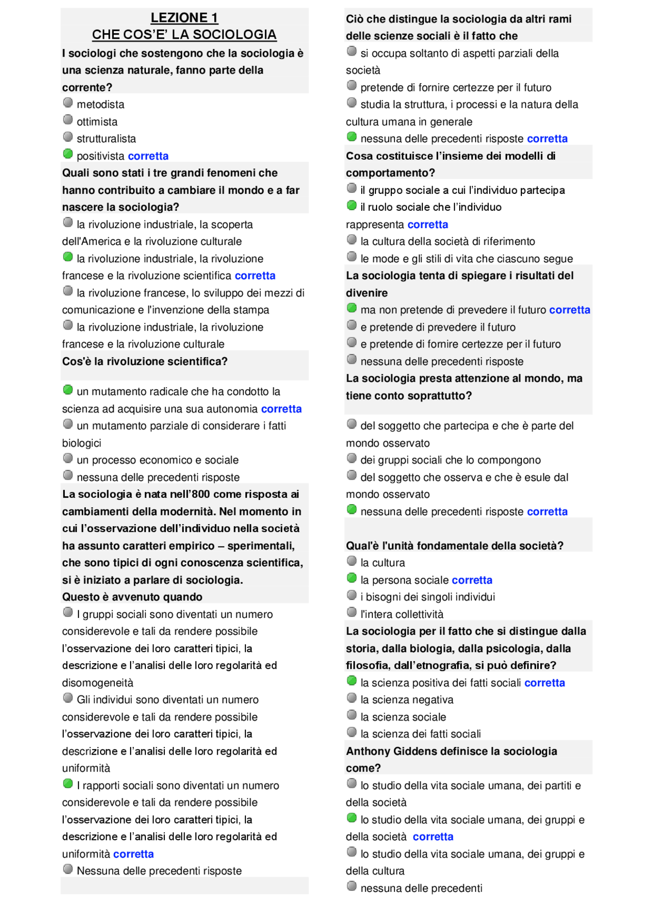 Test Sociologia Generale 2019 Completo Docsity