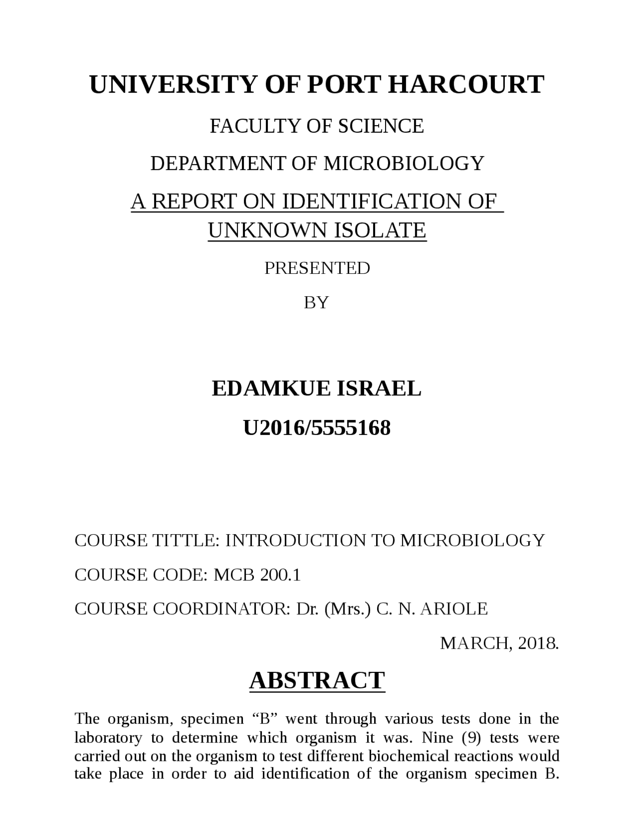 Lab Report On Experiments On Bacteria Docsity