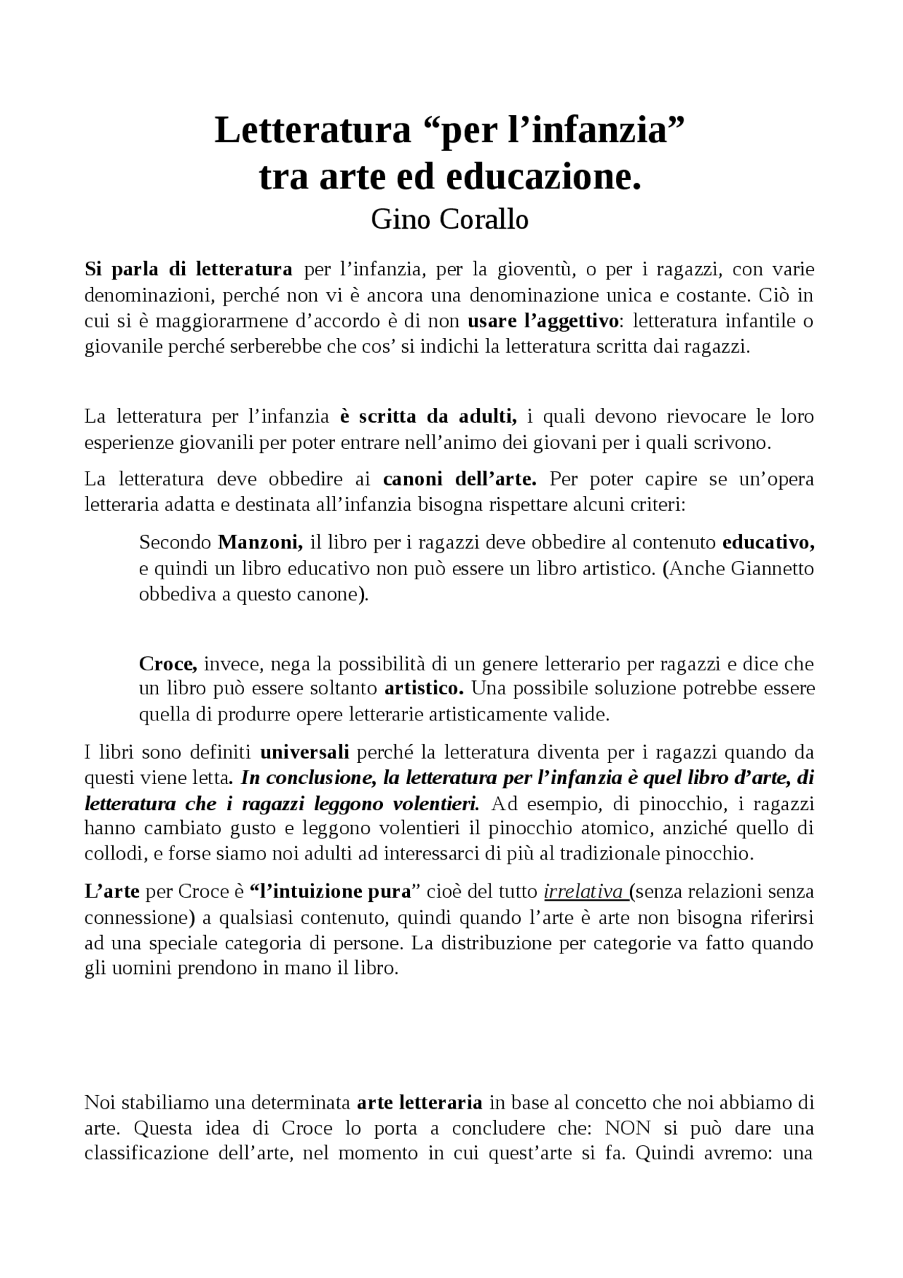 Letteratura Per Linfanzia Corallo Prof Giancane Docsity