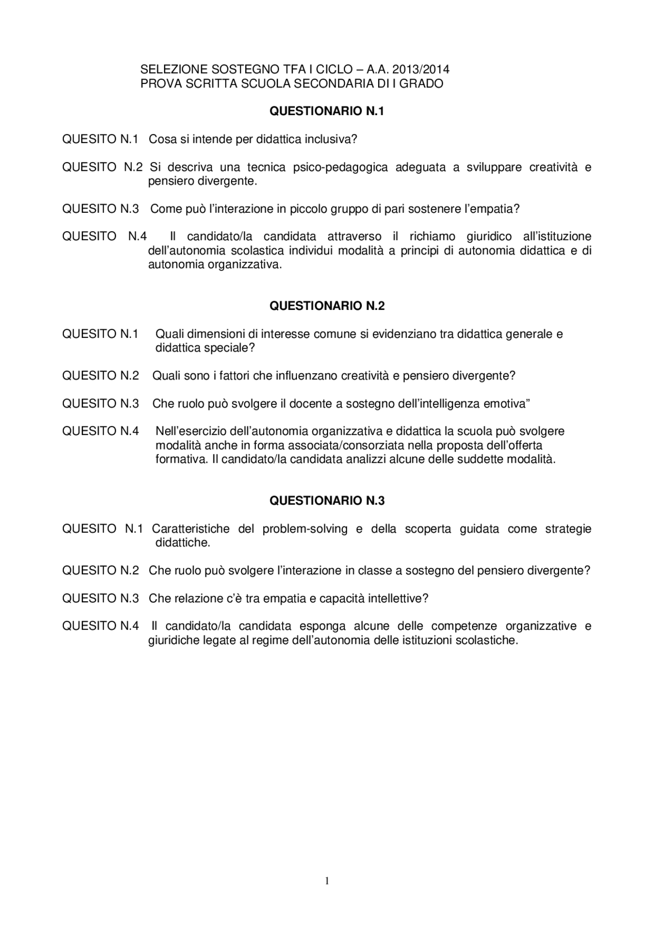 Tfa Sostegno Bari 2013 14 Docsity