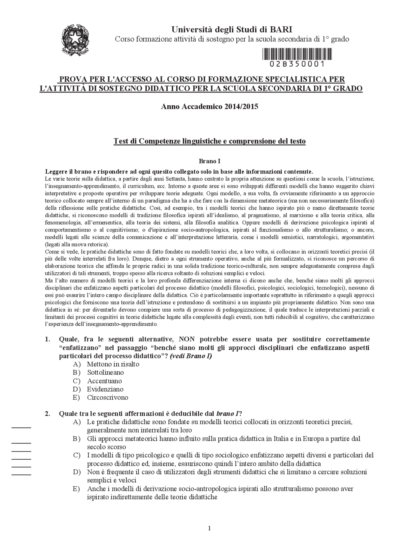 Simulazione Test Tfa Ii Ciclo Secondaria Primo Grado Università Di
