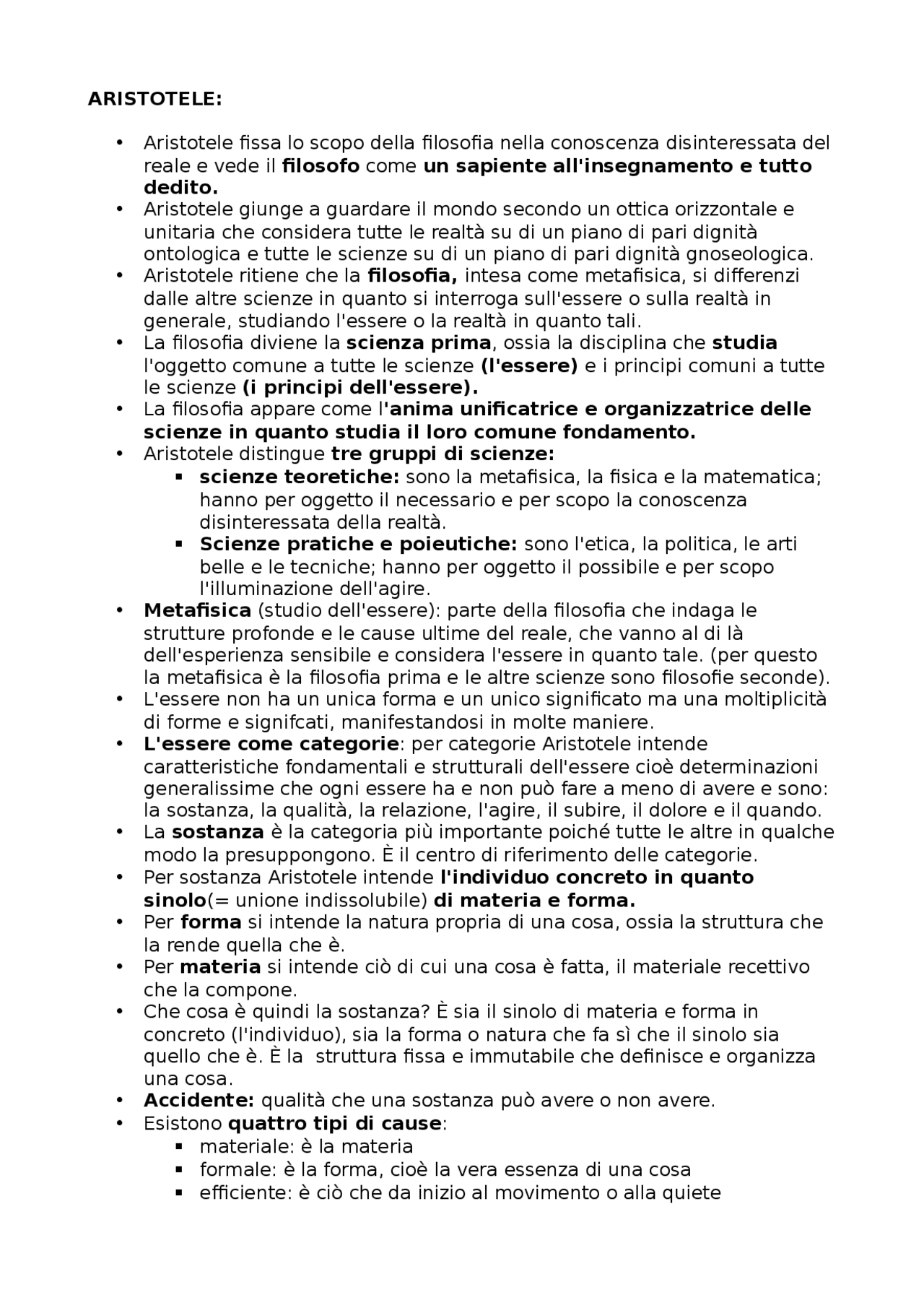 Schema Riassuntivo Filosofia Di Aristotele Docsity