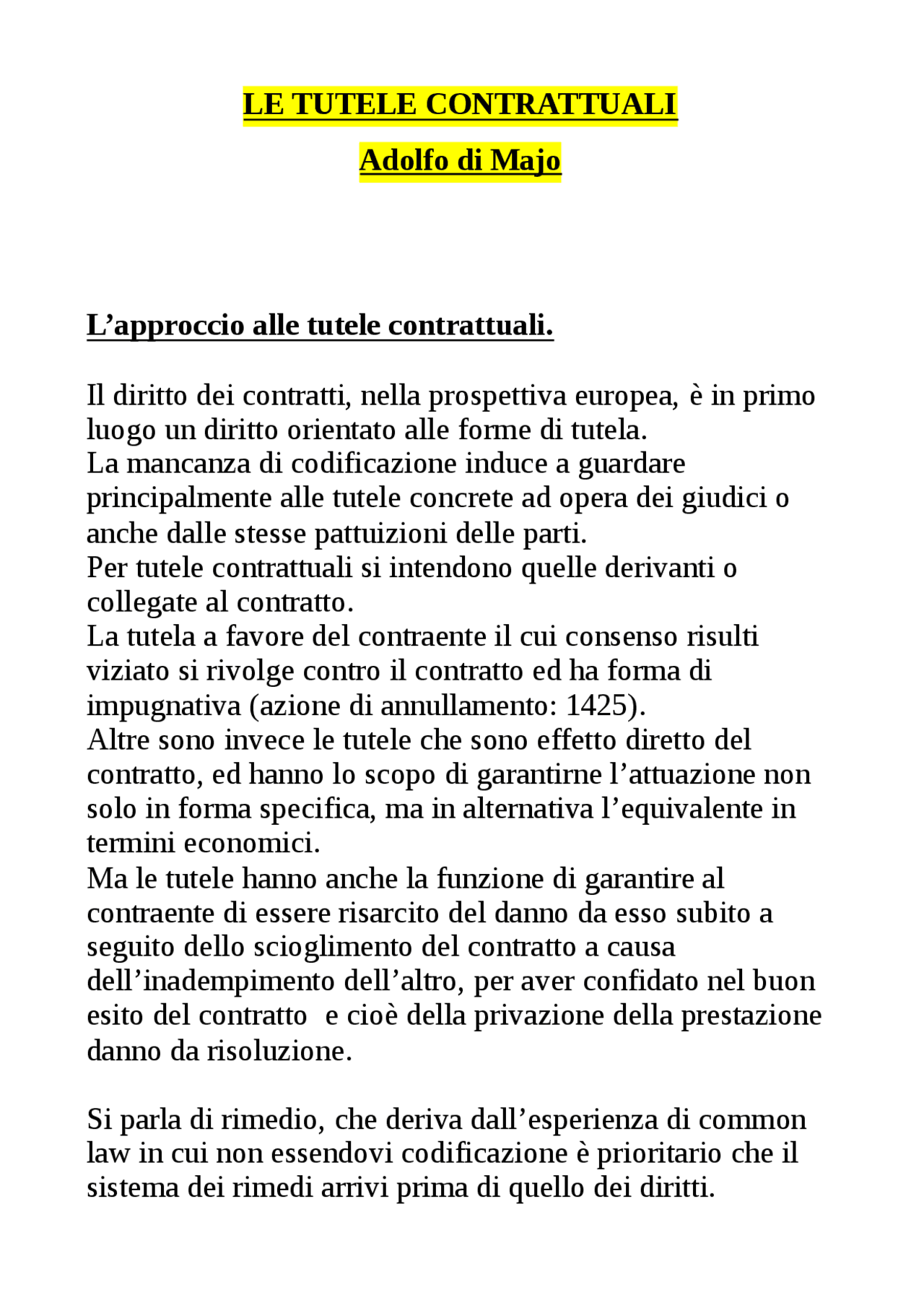 Tutele Contrattuali Di Majo Sintesi Del Corso Di Diritto Civile Docsity