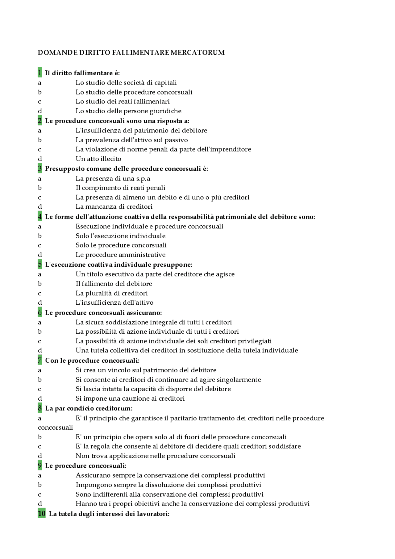 Domande Diritto Fallimentare Mercatorum Prove Desame Di Diritto