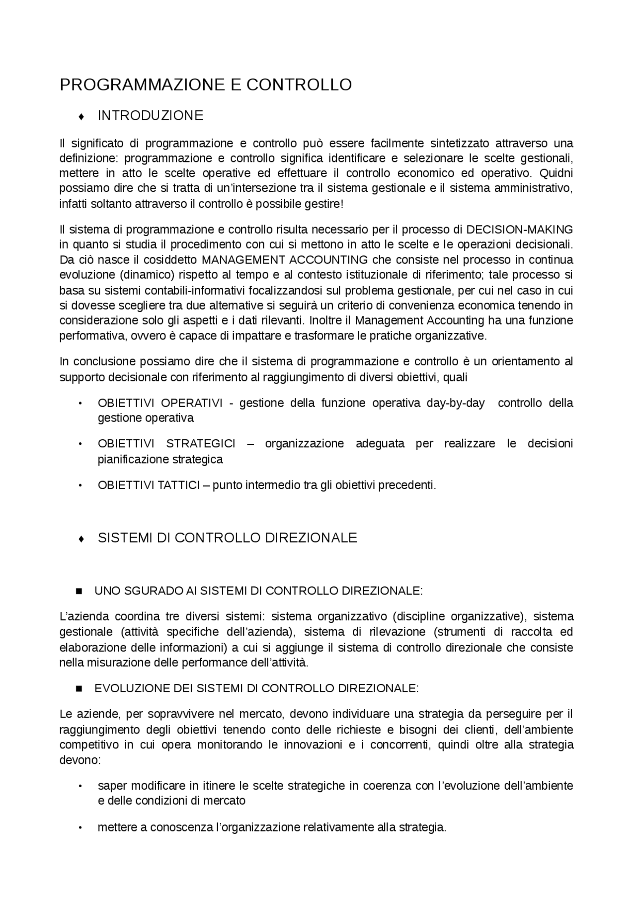 Programmazione e controllo (6CFU) - Docsity