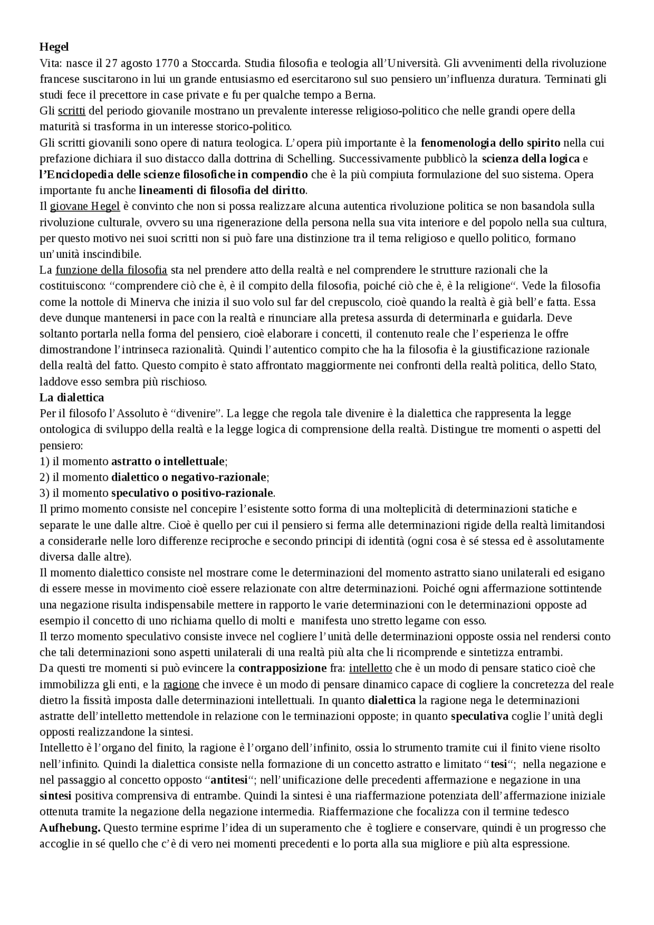 Hegel E Il Sistema Hegeliano Appunti Docsity