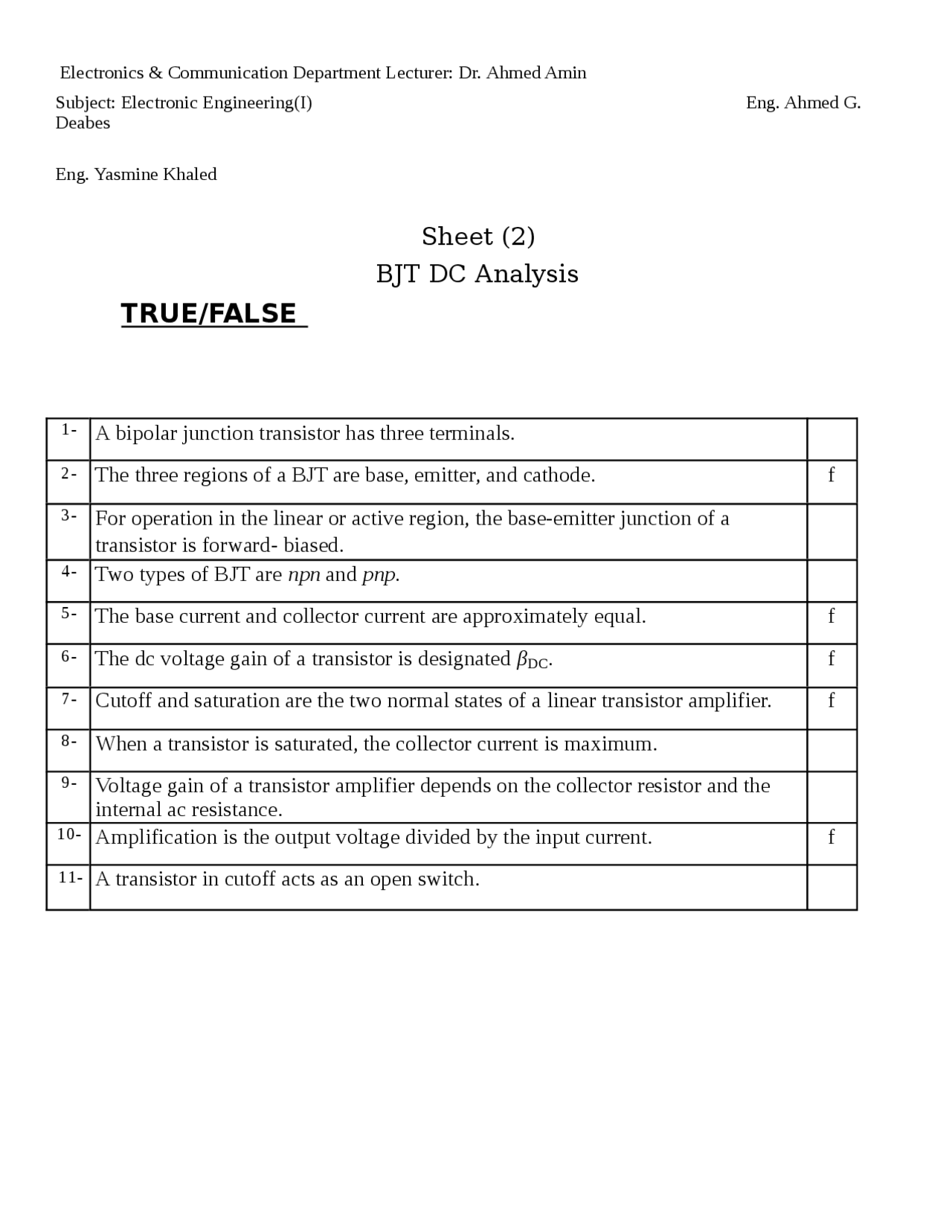 sheet 2 for electronics | Exercises Electronic Technology | Docsity