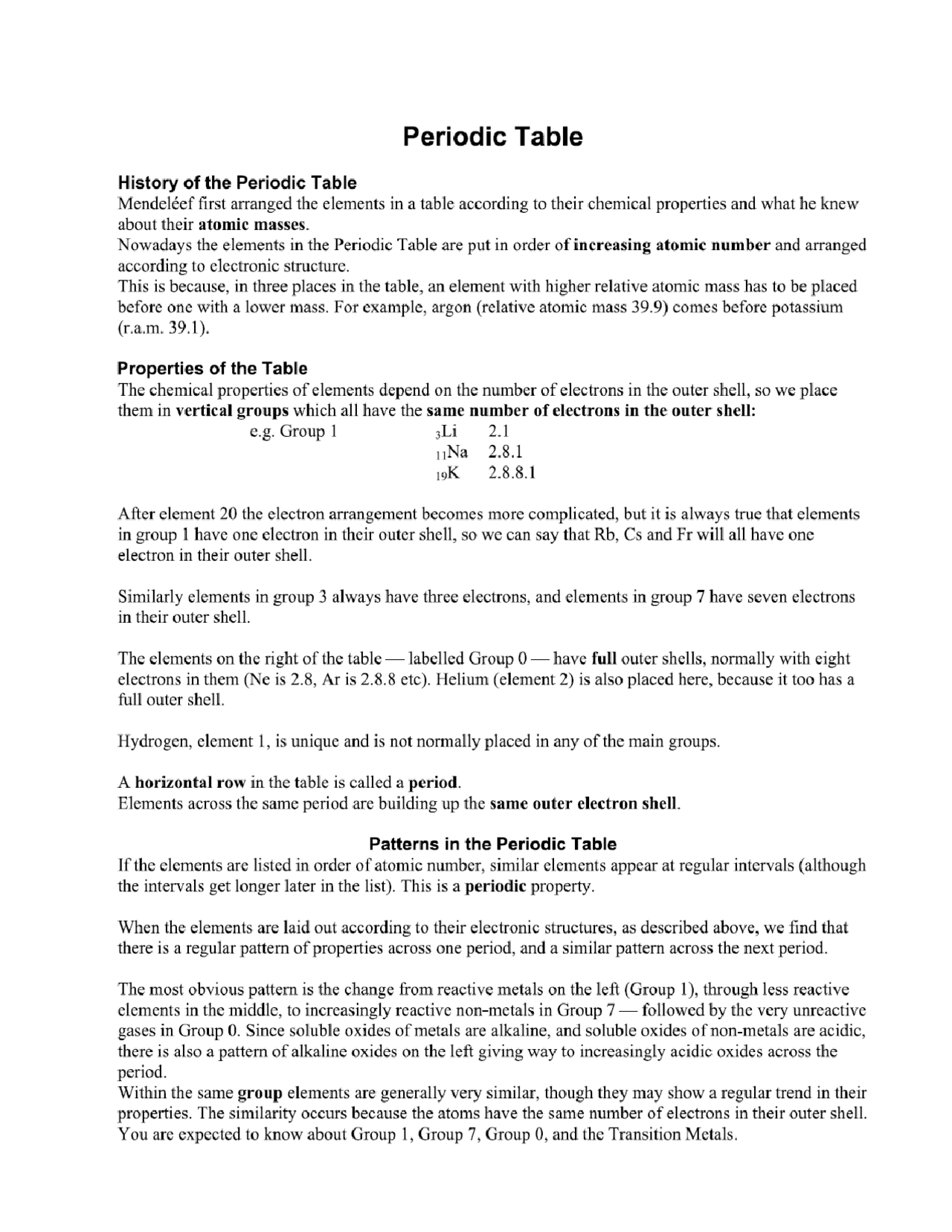 Periodic Table Revision Notes Docsity