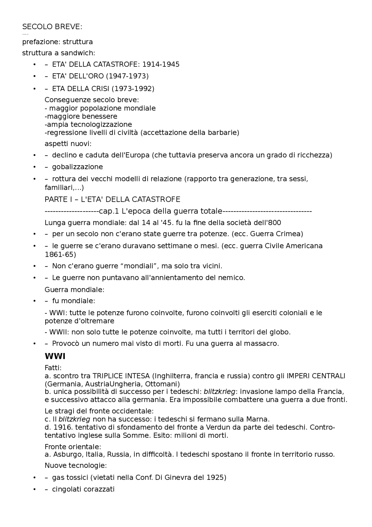 Riassunto Secolo Breve Docsity