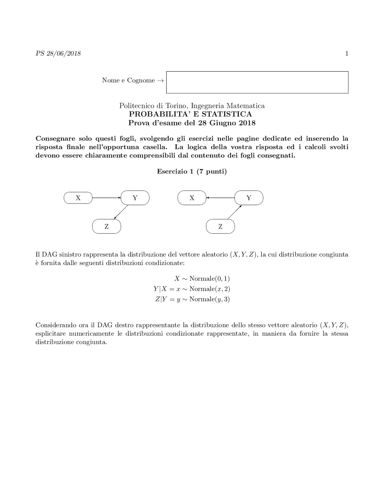 Tema di esame probabilità statistica - Docsity