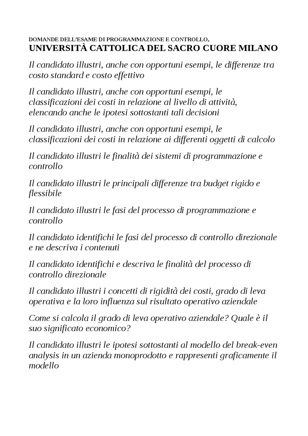 Domande Teoriche Esame Programmazione E Controllo Docsity