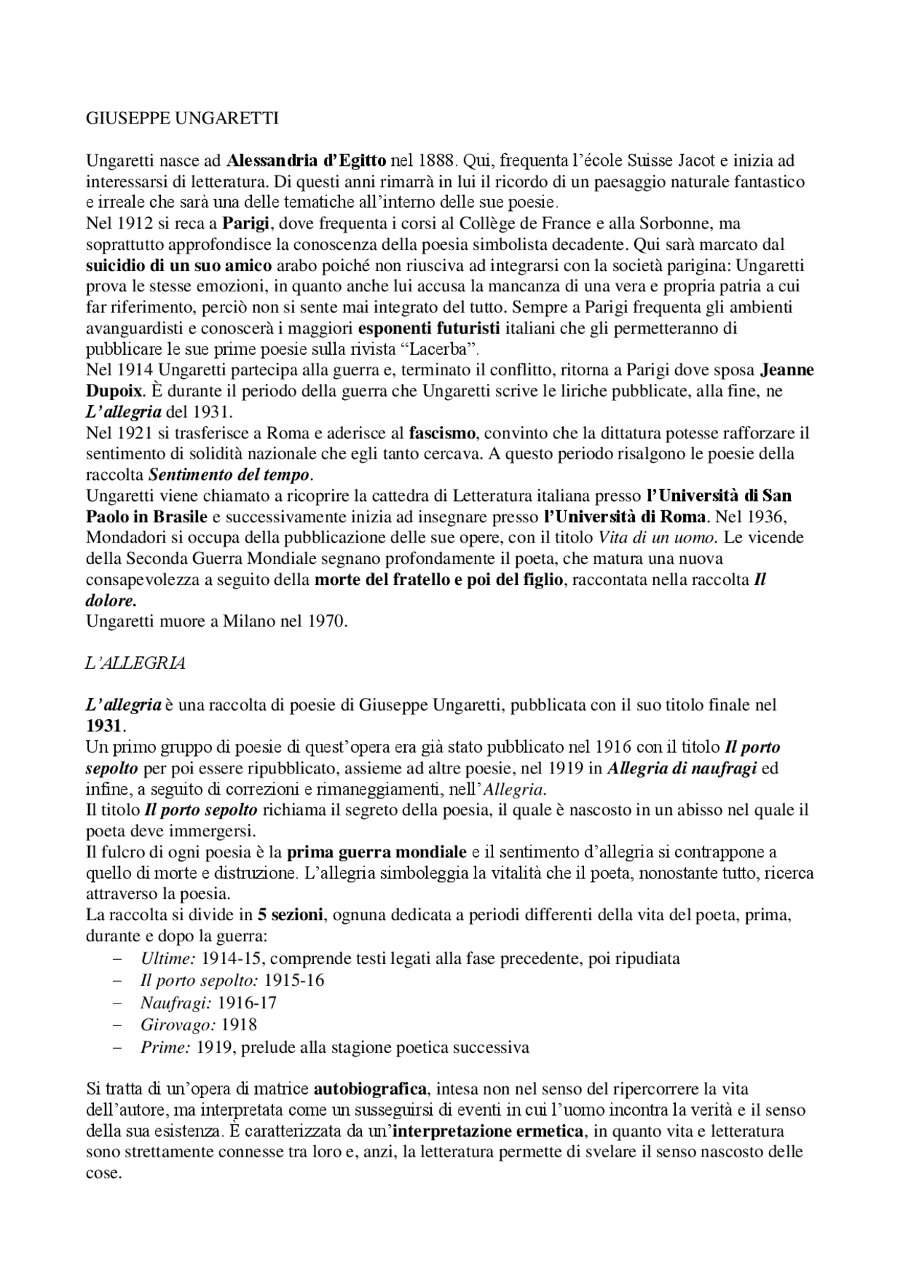 Giuseppe Ungaretti Vita E Opere Docsity