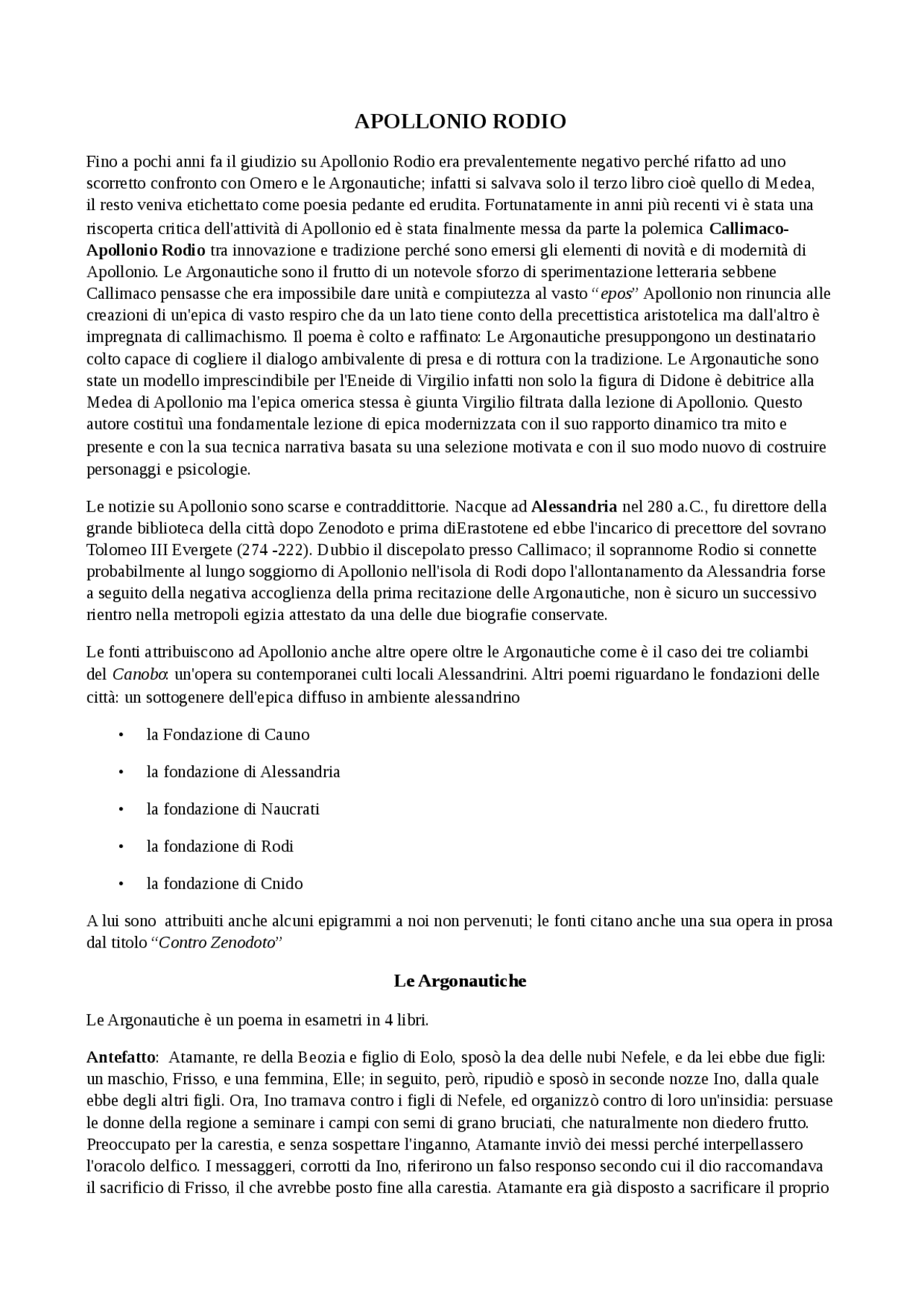 Apollonio Rodio (vita e opere) | Appunti di Greco | Docsity