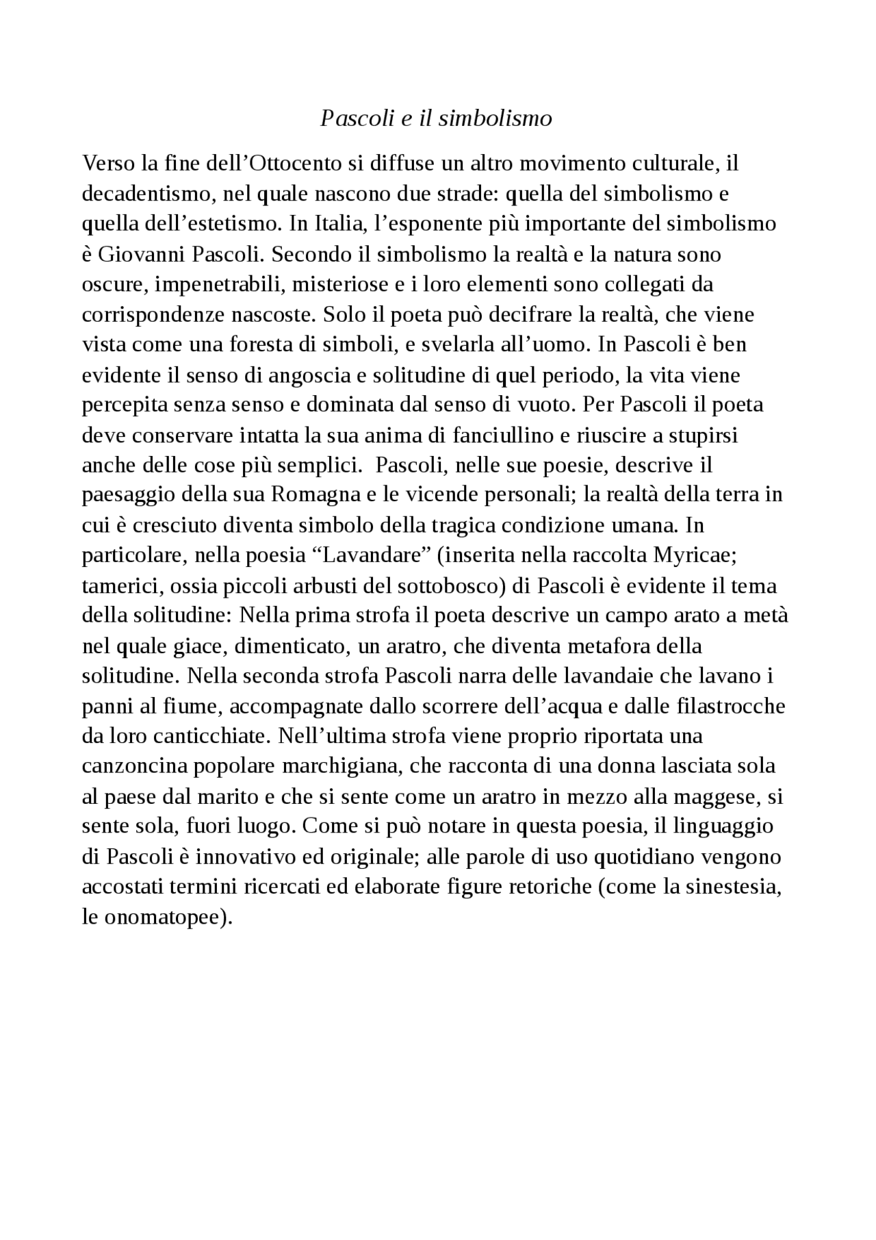 Il Simbolismo Di Pascoli Docsity