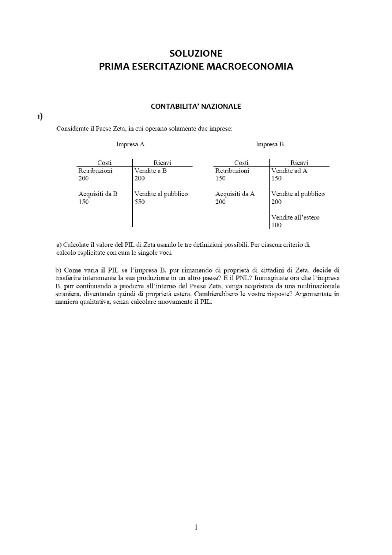 SOLUZIONE ESERCITAZIONE MACROECONOMIA - Docsity